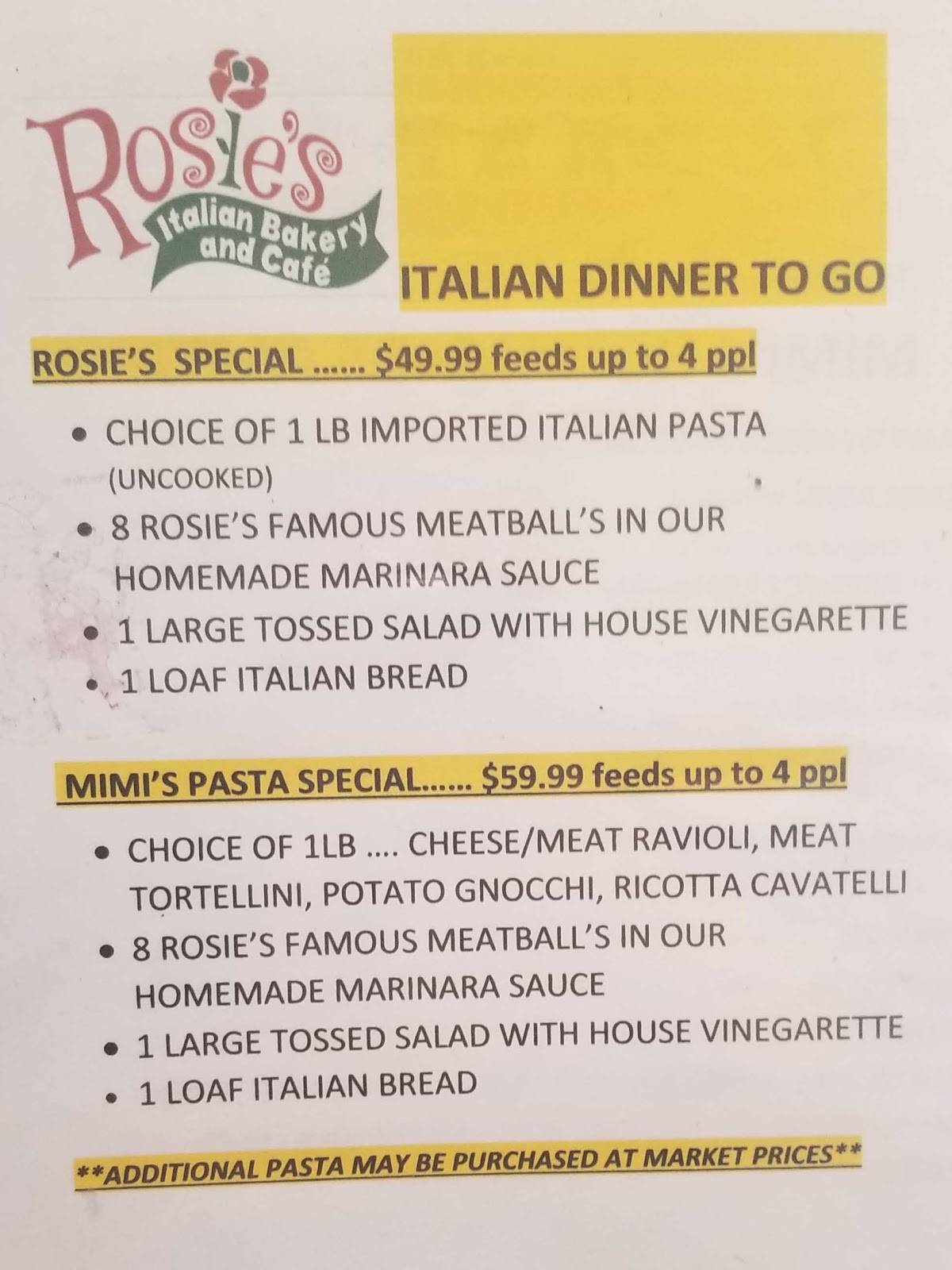 Menu at Rosie's Italian Bakery & NY Style Deli, Daytona Beach