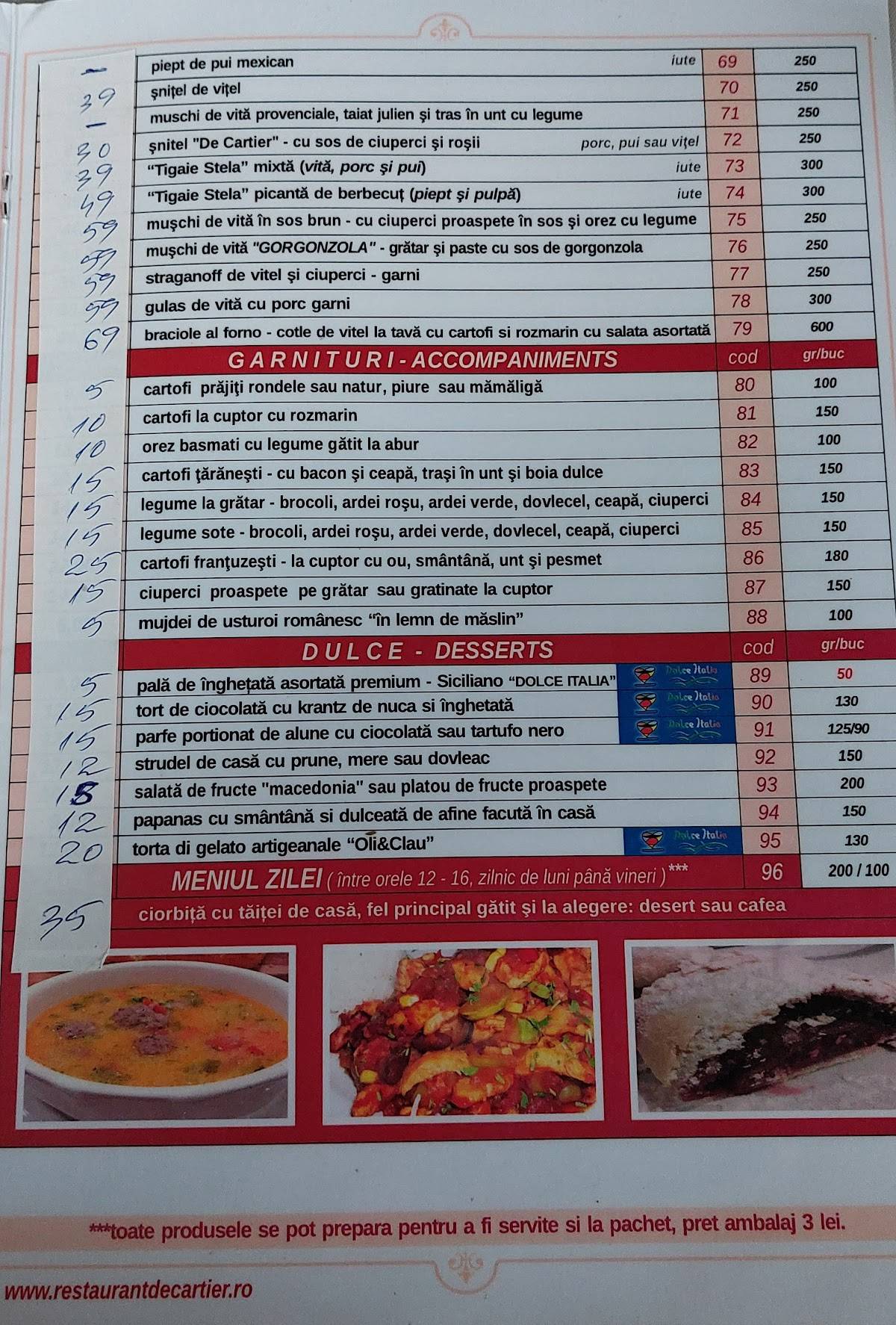 Menu at De cartier, Bucharest, Strada Viorele 57
