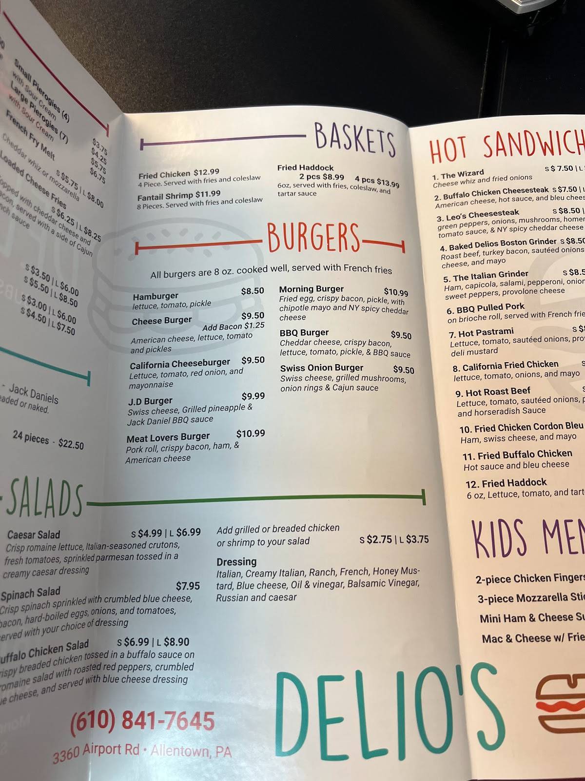 Menu at DeLio's Subs & Steaks steakhouse, Allentown