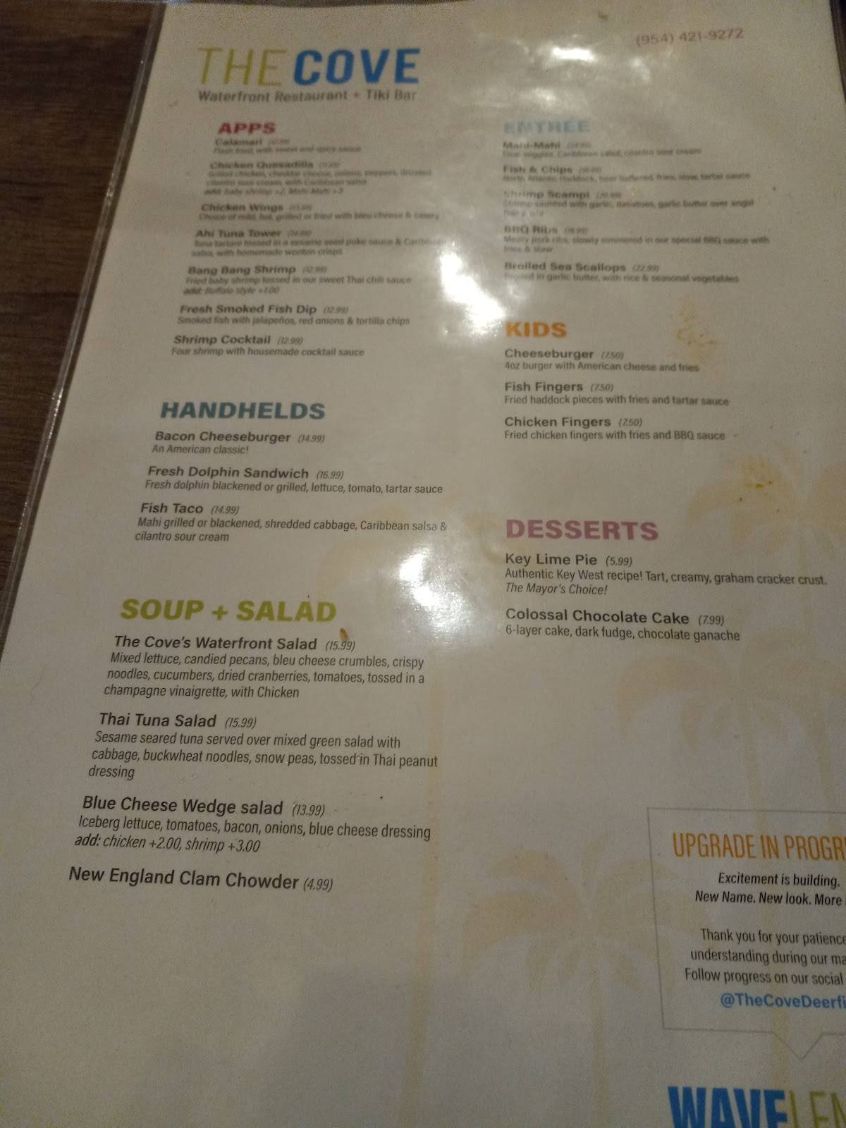 Menu at The Cove Waterfront Restaurant and Tiki Bar, Deerfield Beach