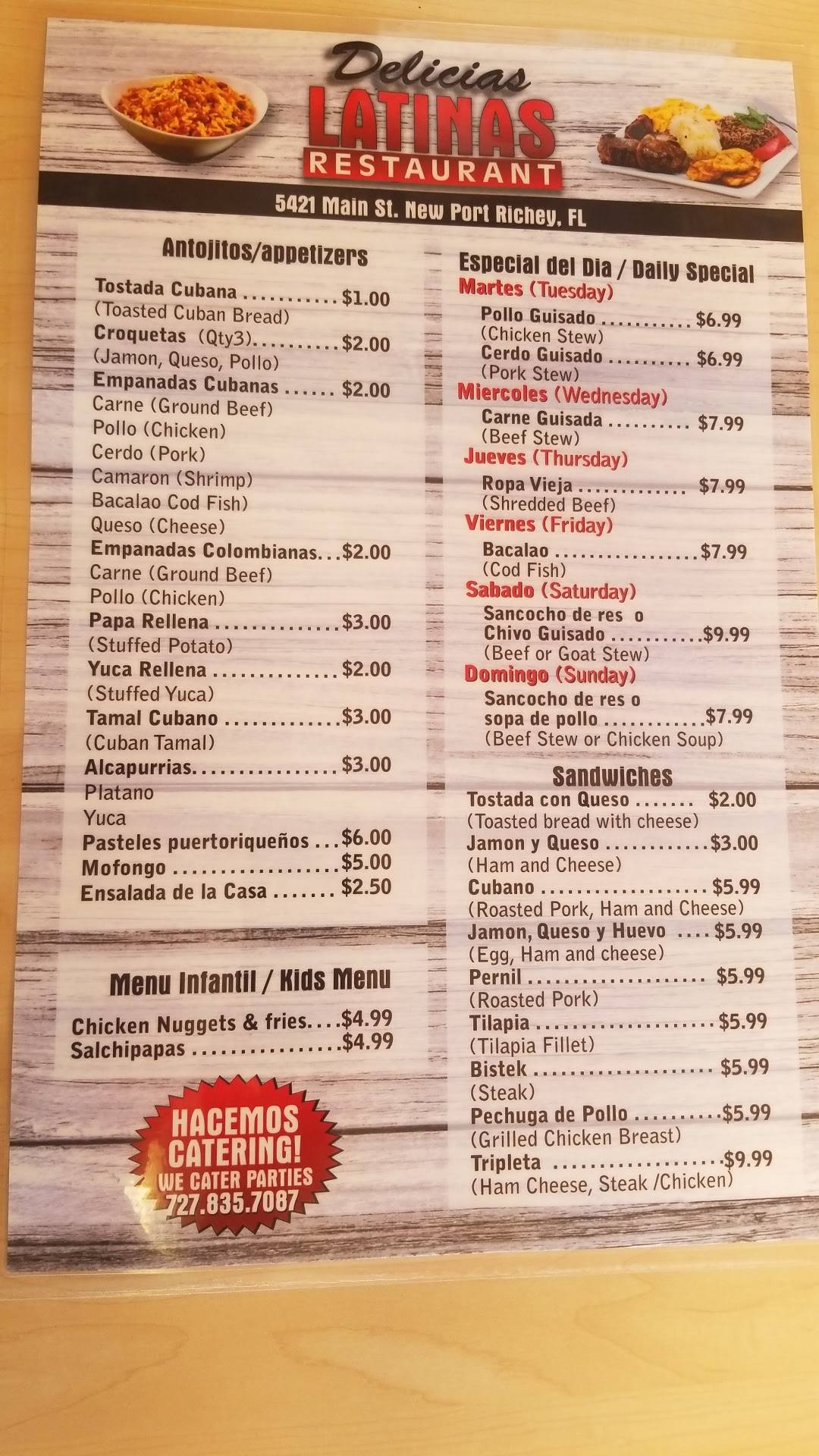 Menu at Delicias Latinas Restaurant, New Port Richey