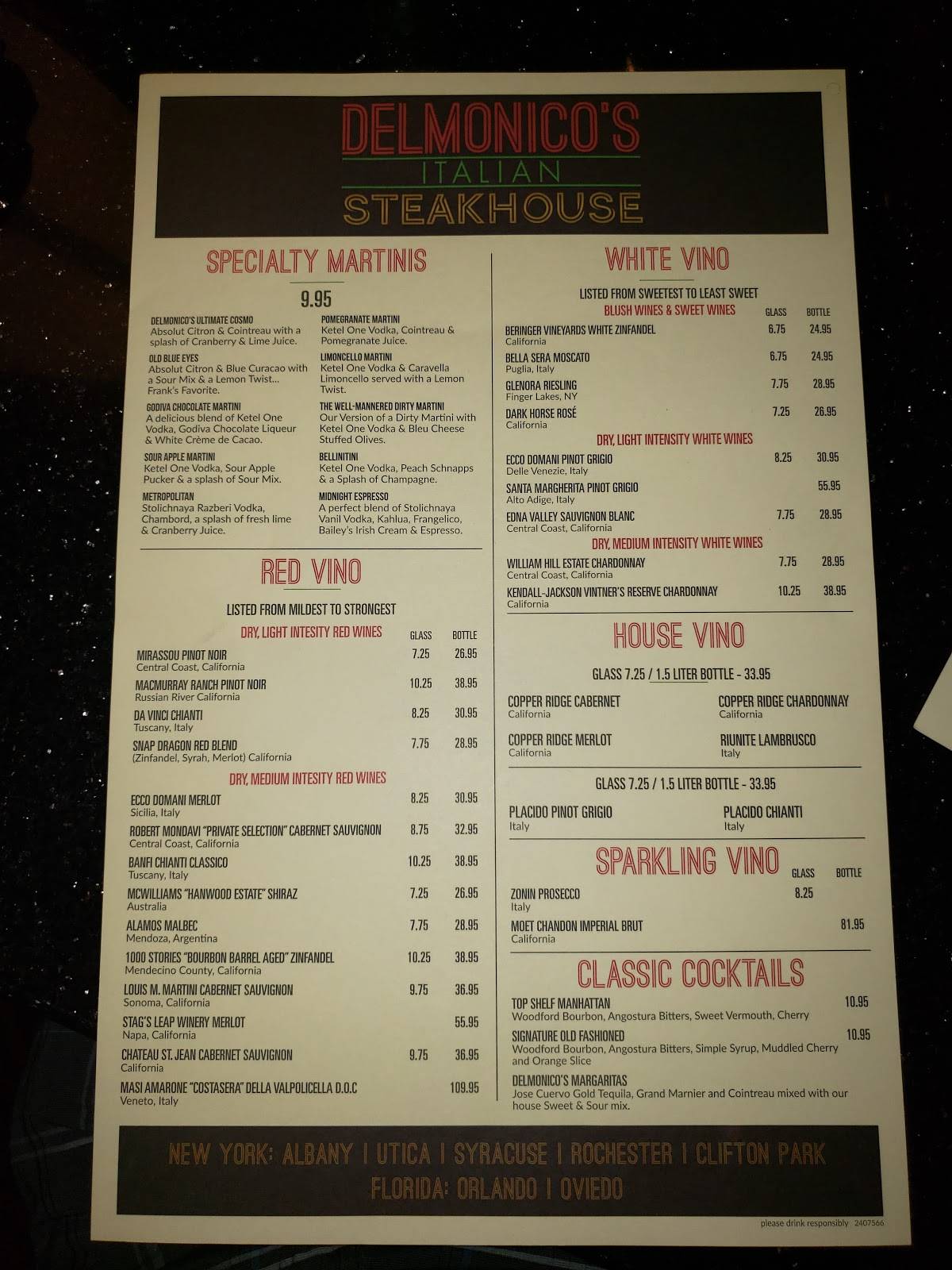 Menu at Delmonico's Italian Steakhouse, Rochester