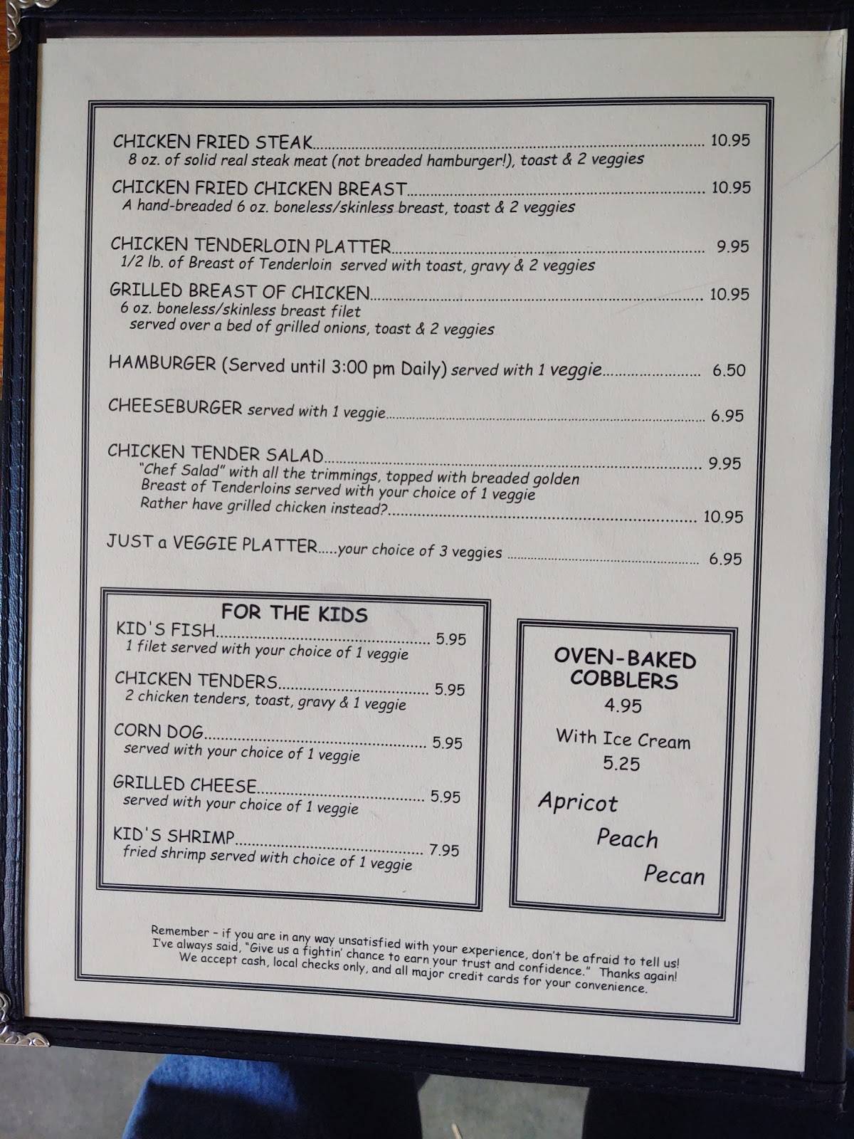 Menu at Huck's Catfish restaurant, Denison