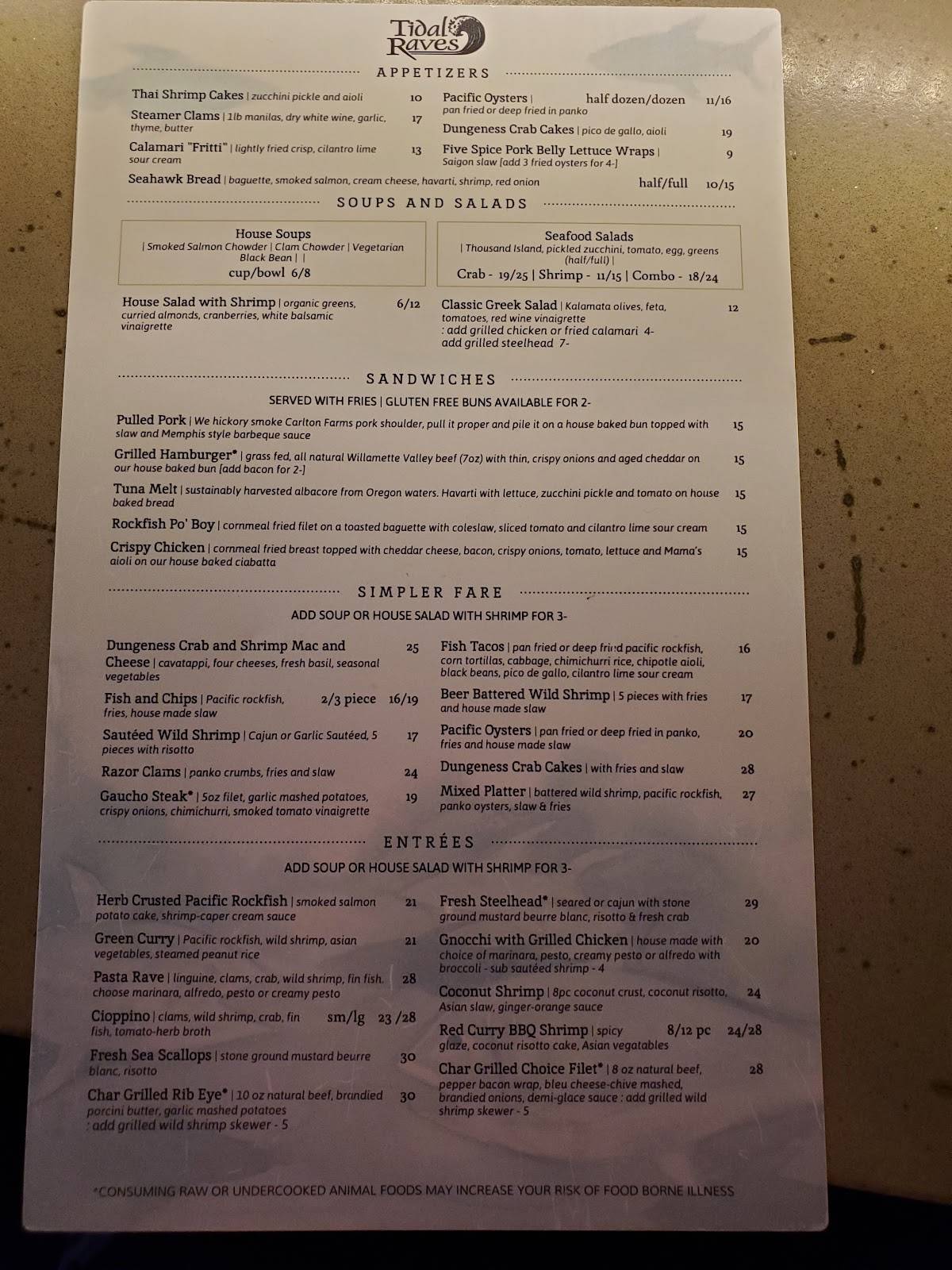 Menu at Tidal Raves Seafood Grill restaurant, Depoe Bay
