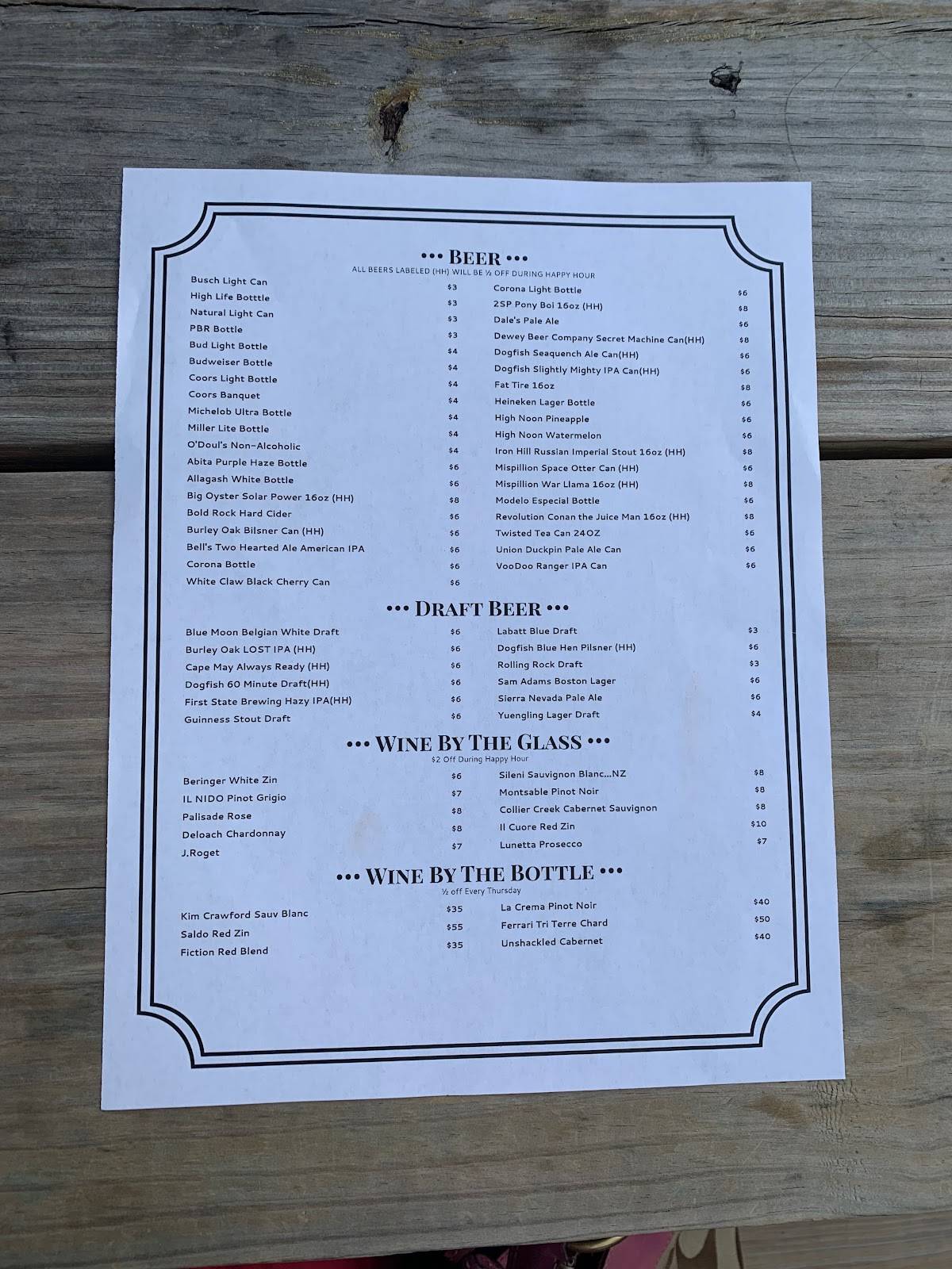 Menu at Dewey Beach Country Club, Dewey Beach