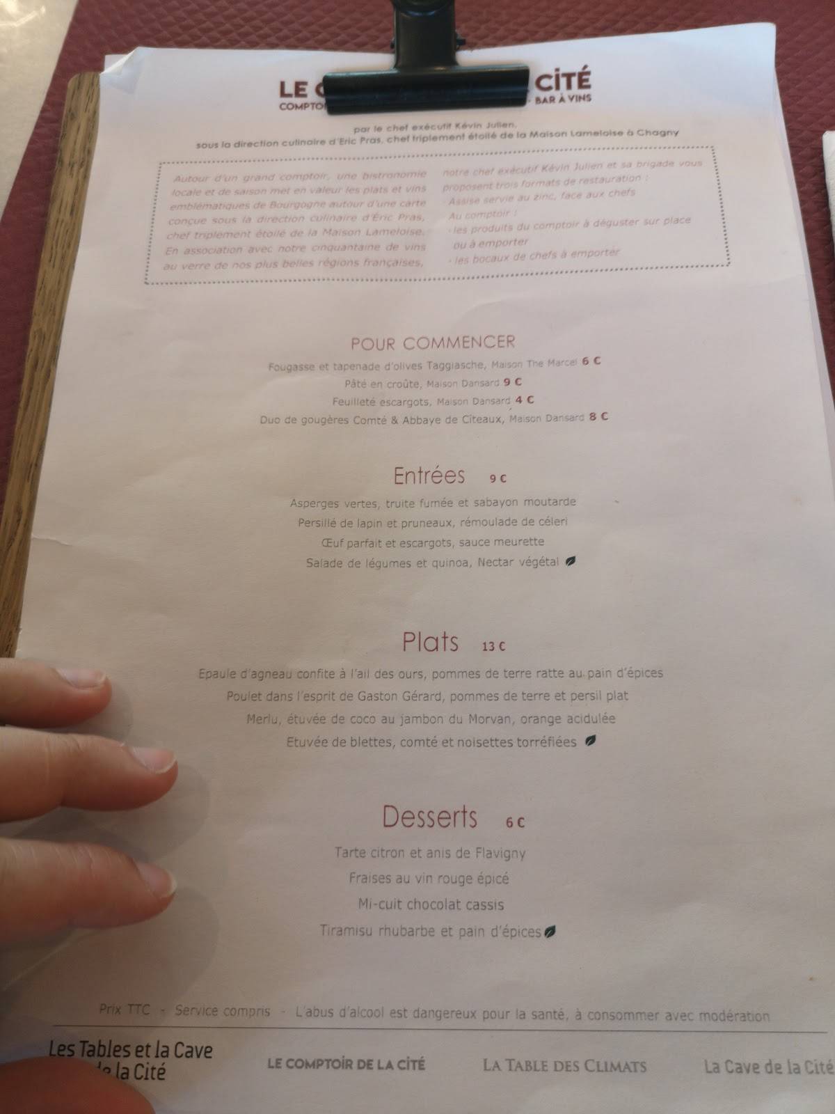 Menu au Le Comptoir De La Cité restaurant, Dijon, 12 Parvis De L'unesco