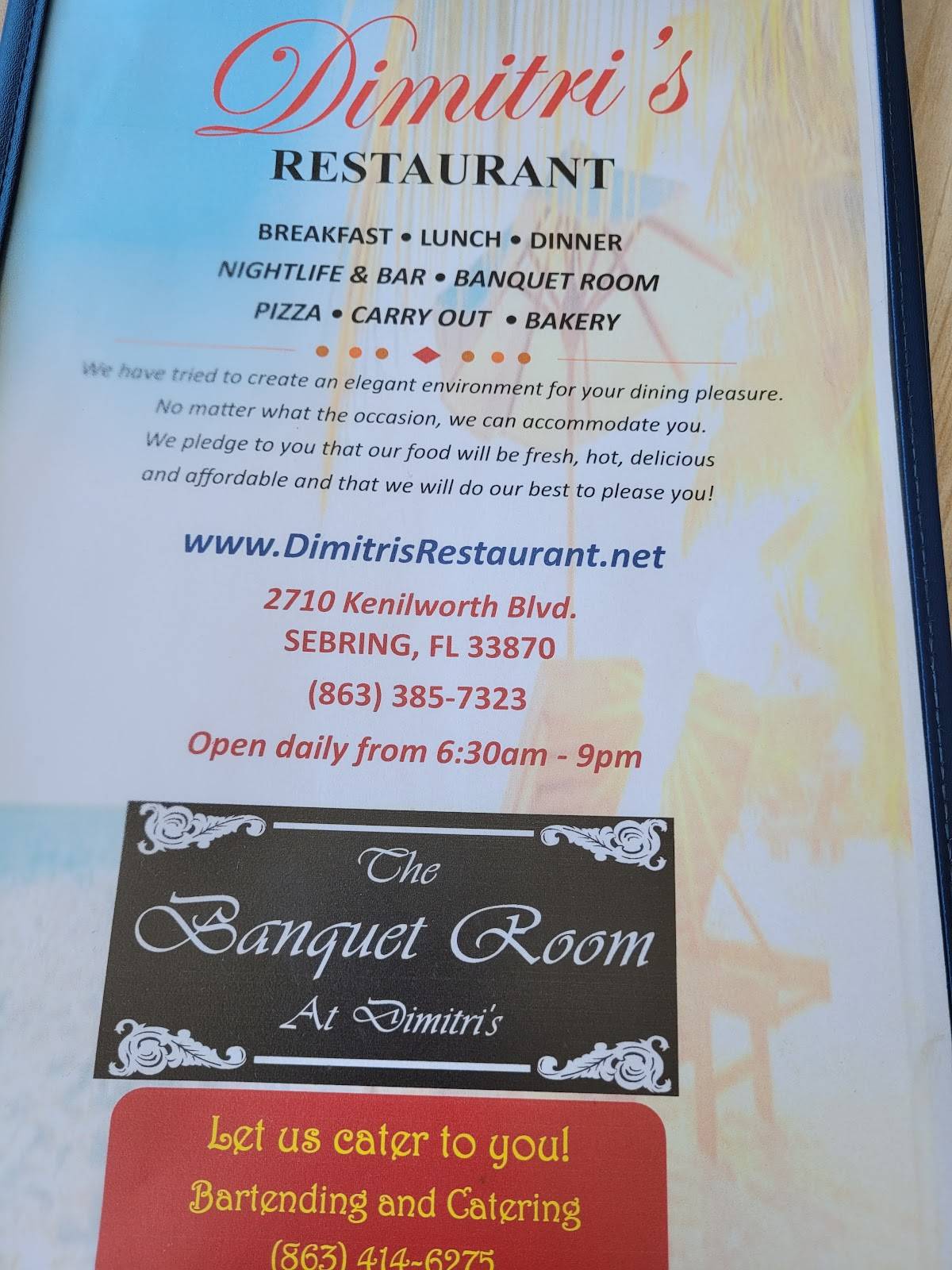 Menu at Dimitri's Restaurant, Pizza Kitchen and Its 5 O'clock Somewhere ...