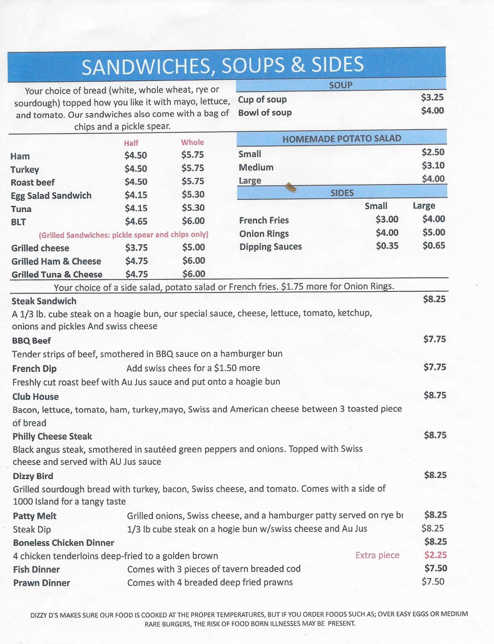 Menu at Dizzy D's restaurant, Wenatchee