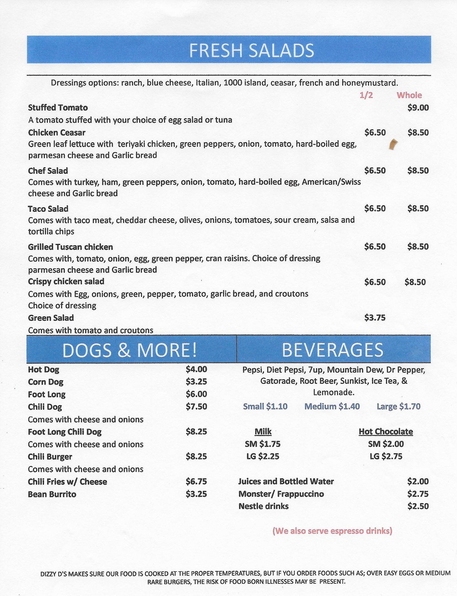 Menu at Dizzy D's restaurant, Wenatchee