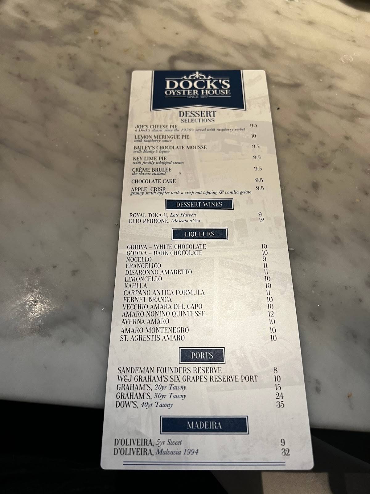 Menu at Dock's Oyster House pub & bar, Atlantic City