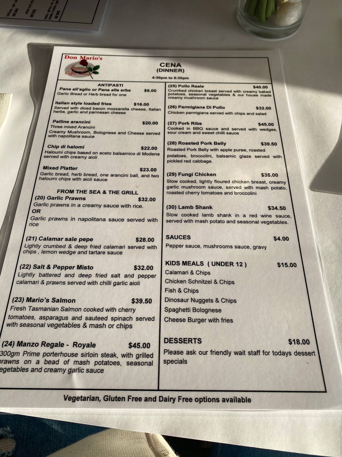Menu at Don Mario's Italian Restaurant - George Town, George Town
