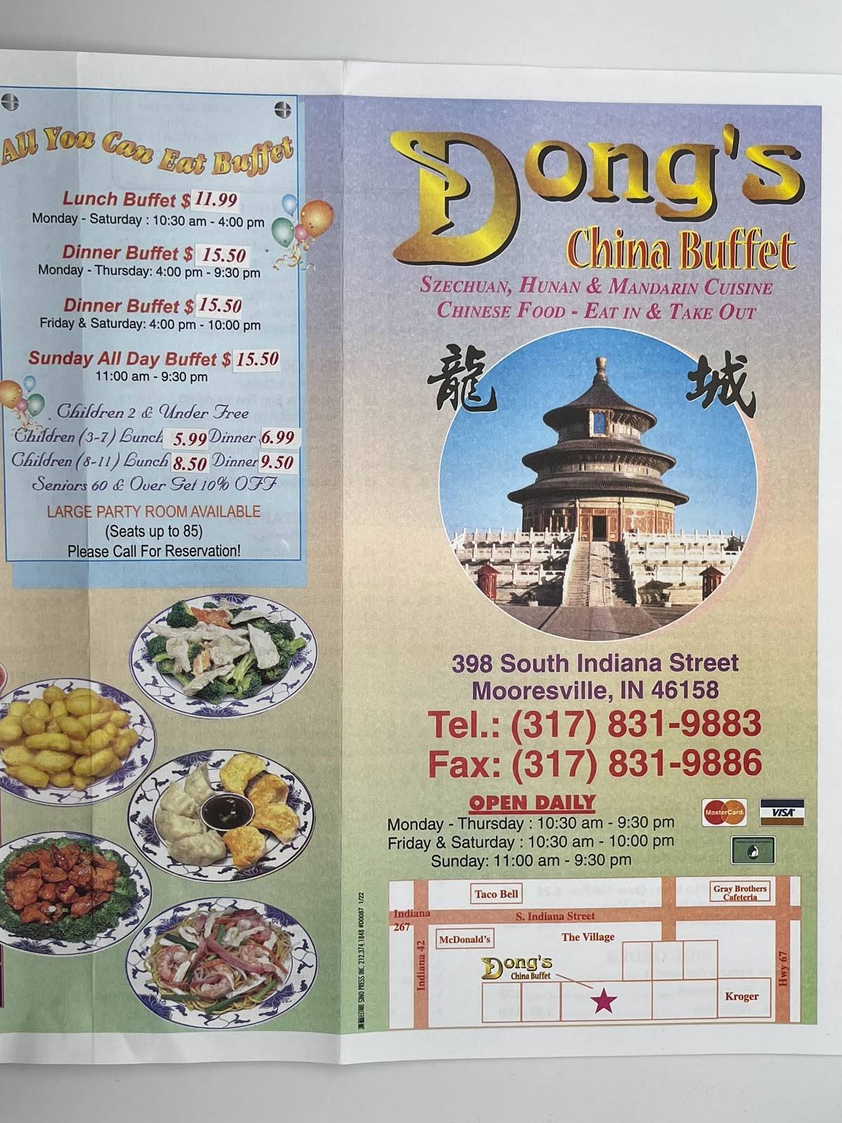 Menu at Dong's China Buffet restaurant, Mooresville