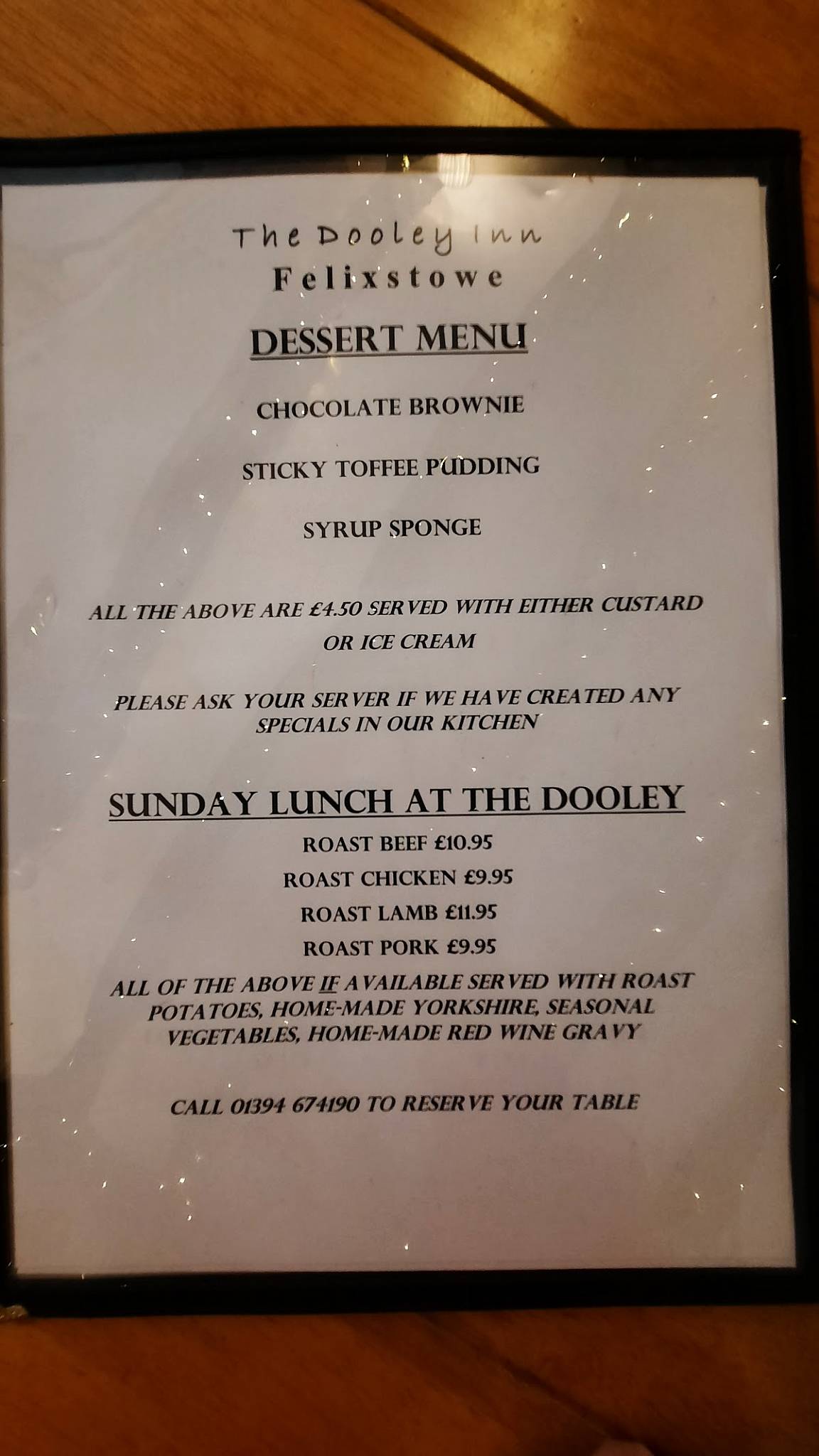 Menu at Dooley Inn pub & bar, Felixstowe