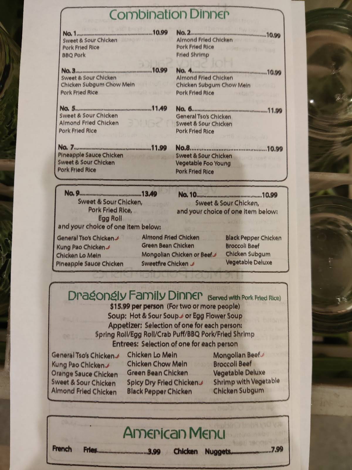 Menu at Dragonfly Chinese Take-out restaurant, Centralia