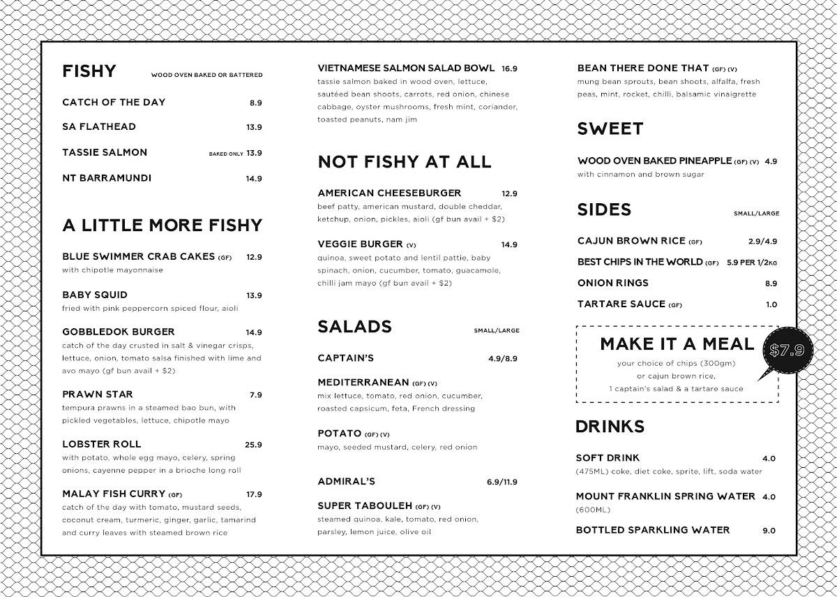 Menu at Drunken Sailor restaurant, North Adelaide