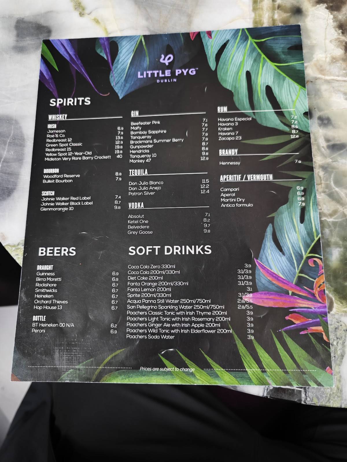 Menu at Little Pyg restaurant, Dublin