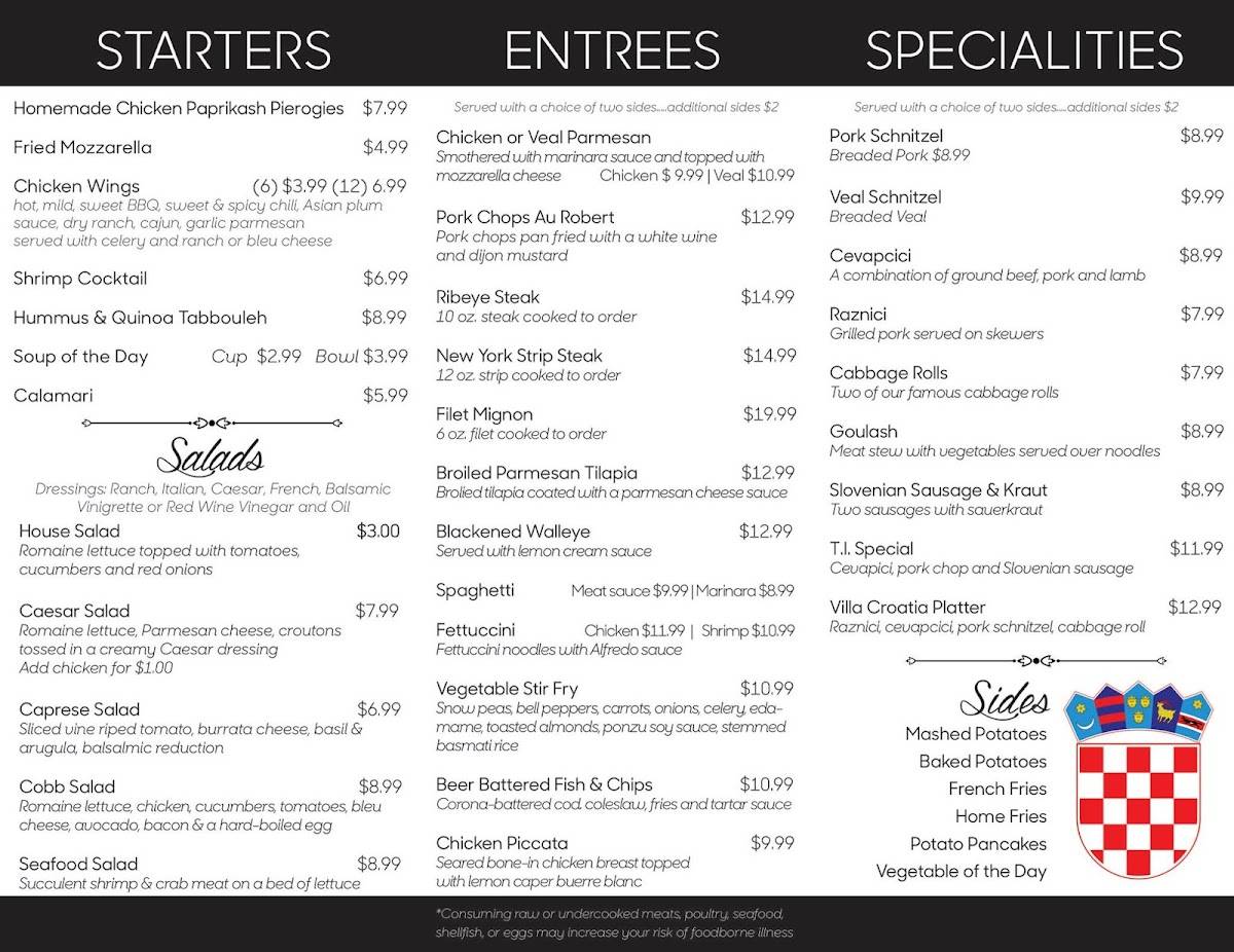 Menu at Dubrovnik Garden Restaurant, Eastlake