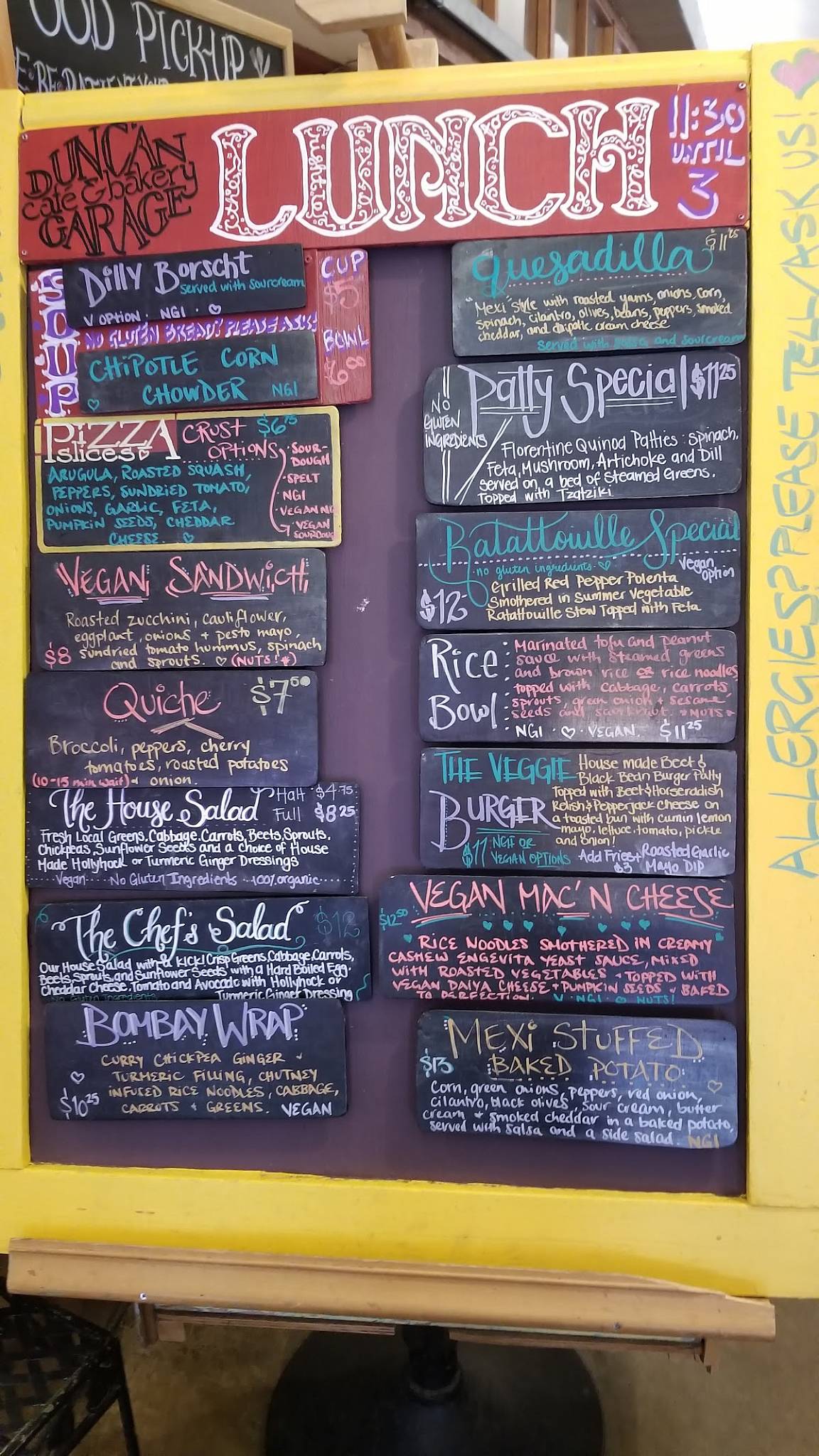 Menu at Duncan Garage Café & Bakery, Duncan
