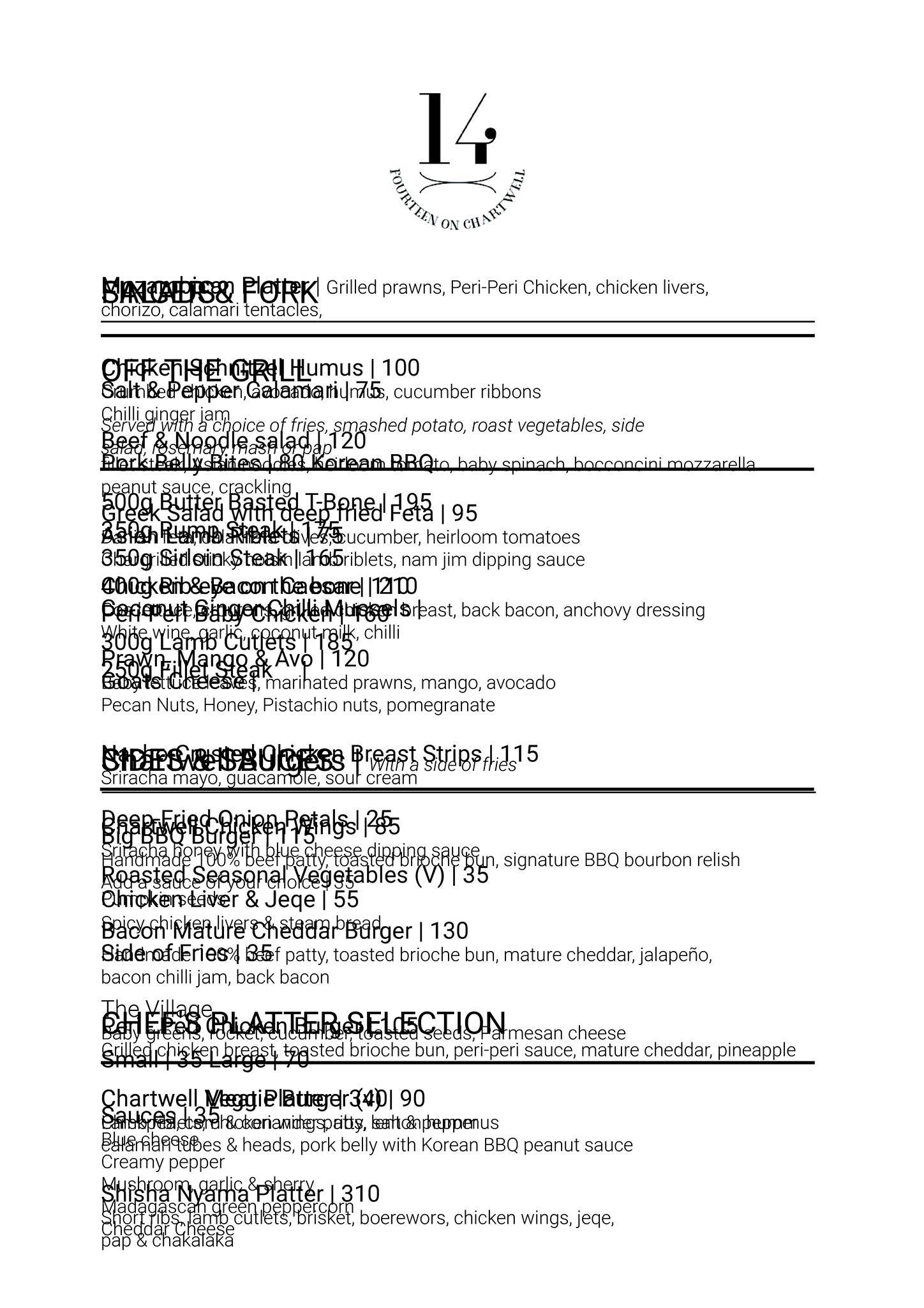 Menu at 14 on Chartwell pub & bar, Umhlanga