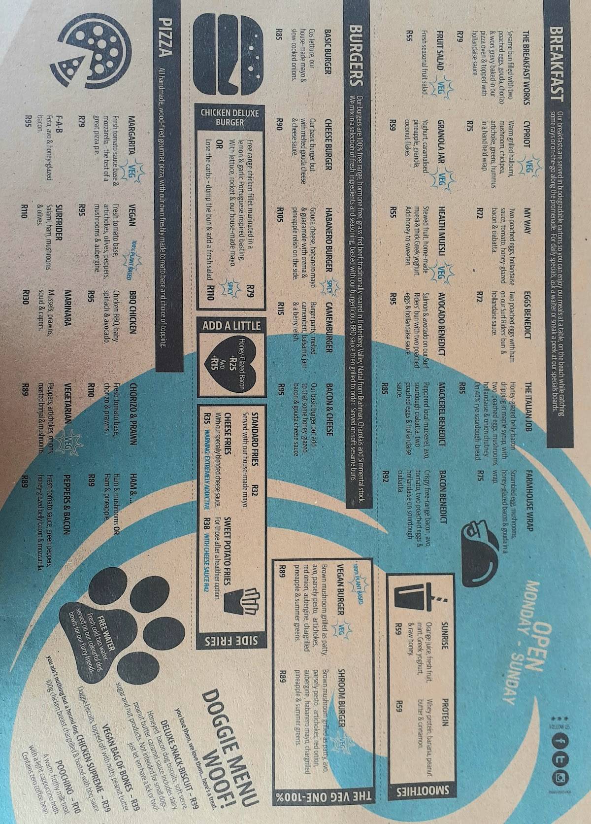 Menu at SURF RIDERS SOUTH BEACH @ BEACHFRONT restaurant, Durban