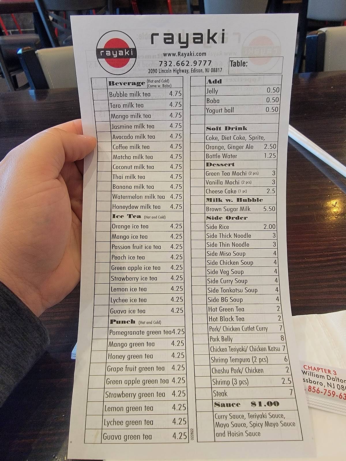 Menu at Rayaki Ramen Edison restaurant, Edison