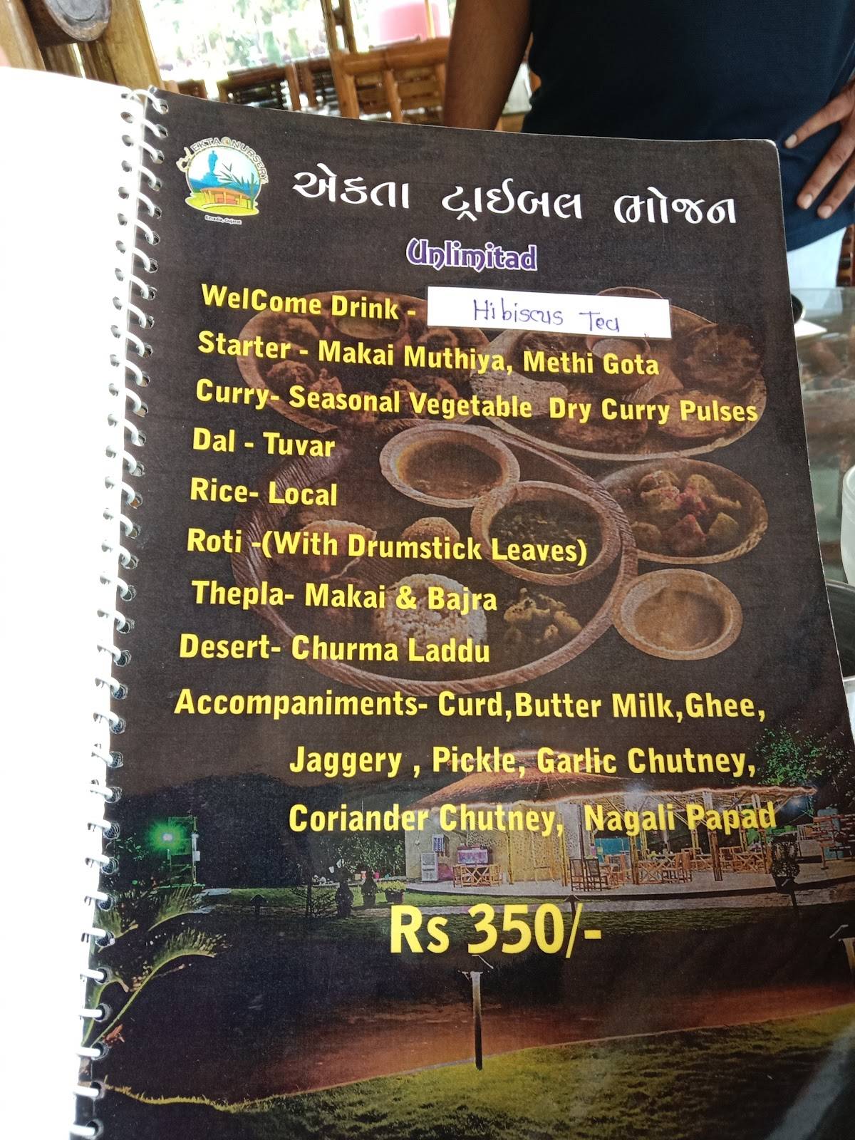 Menu at Ekta tribal cafe, India