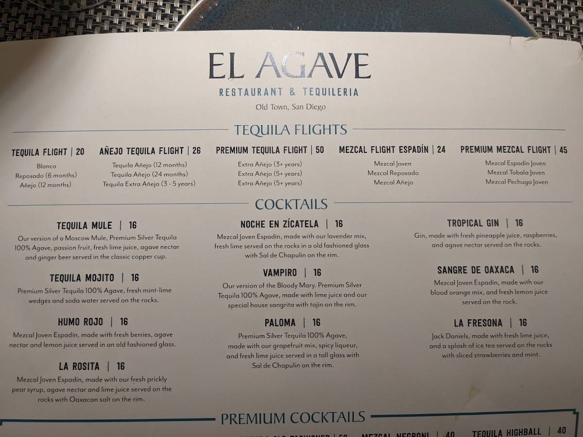 Menu at El Agave Restaurant & Tequileria, San Diego