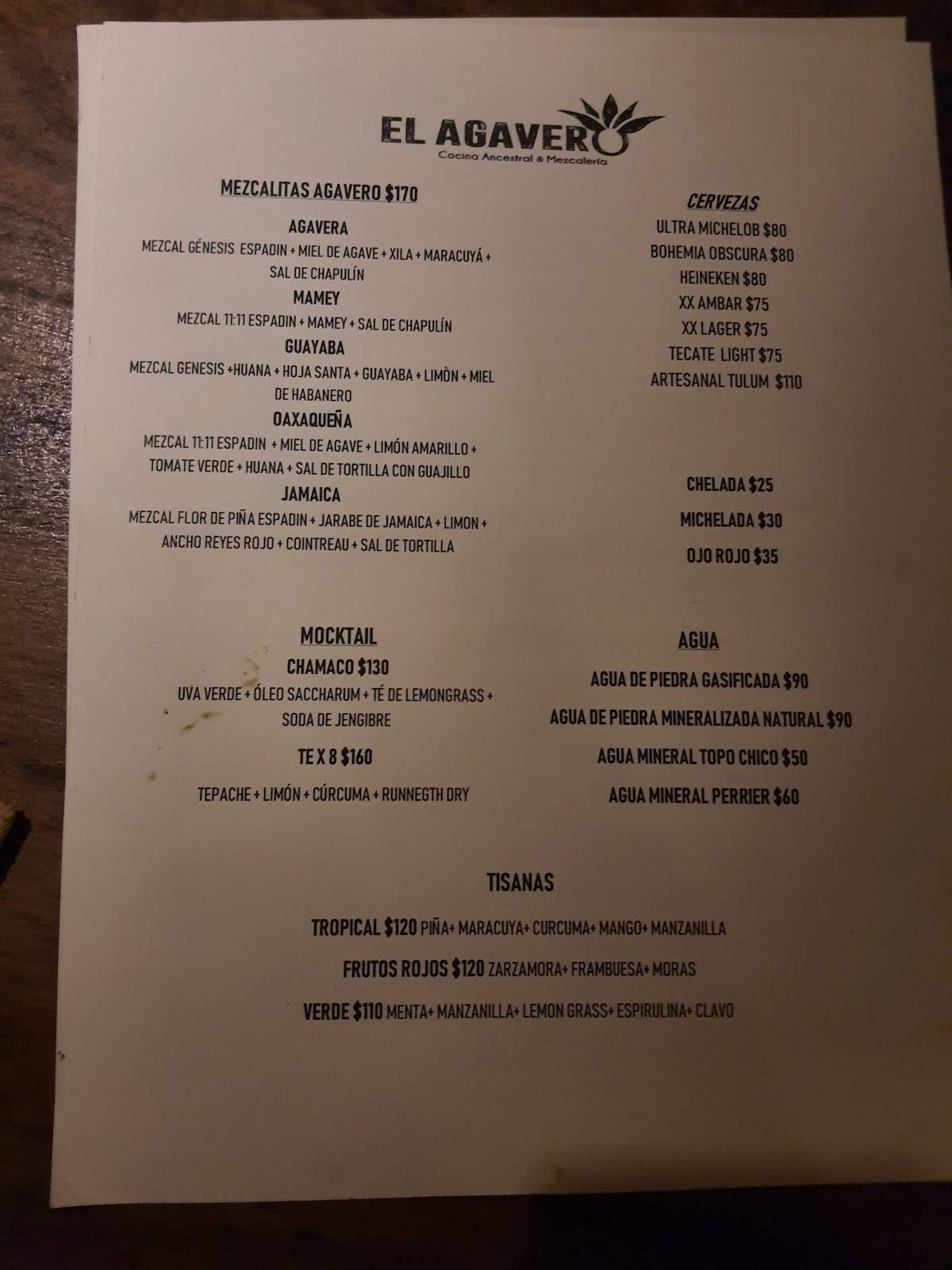 Carta del restaurante El Agavero Cocina Ancestral & Mezcaleria, Tulum
