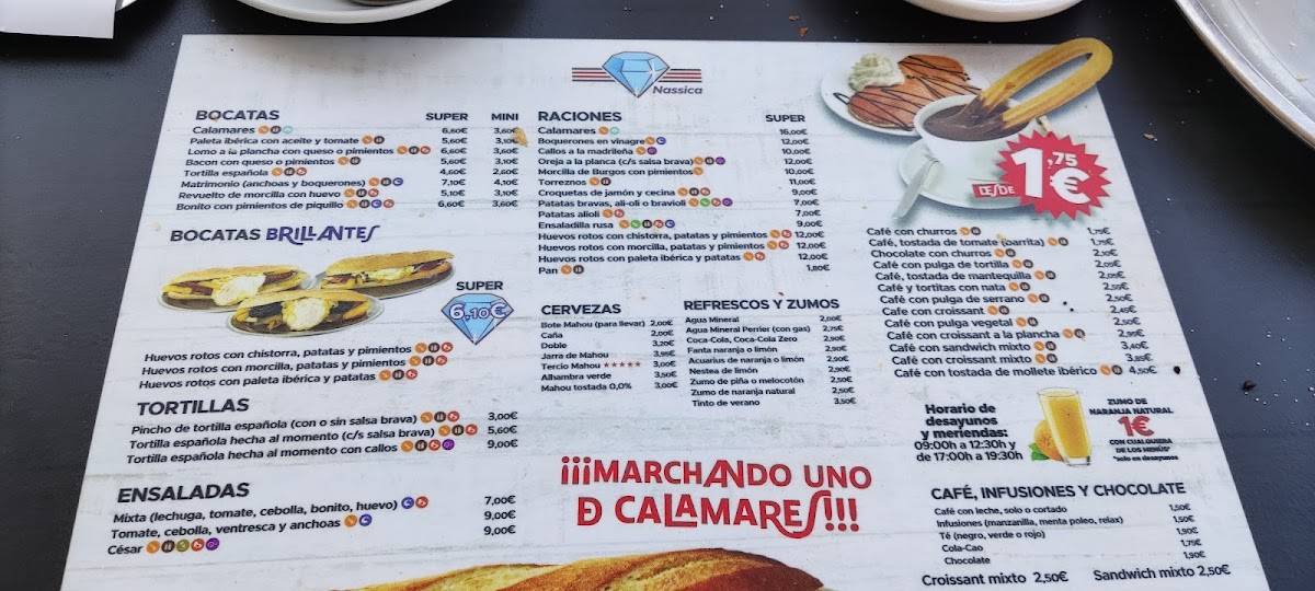 Carta del pub y bar El Brillante del Nassica, Getafe