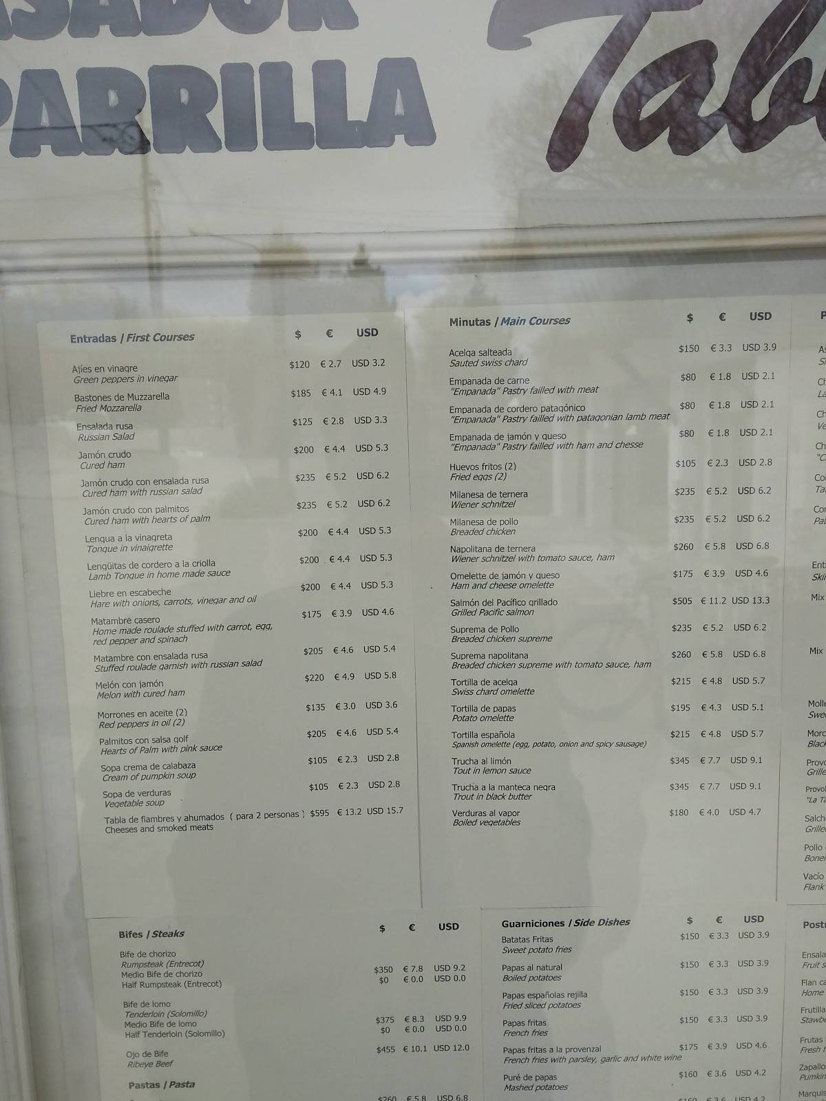 Carta de parrilla La Tablita, El Calafate