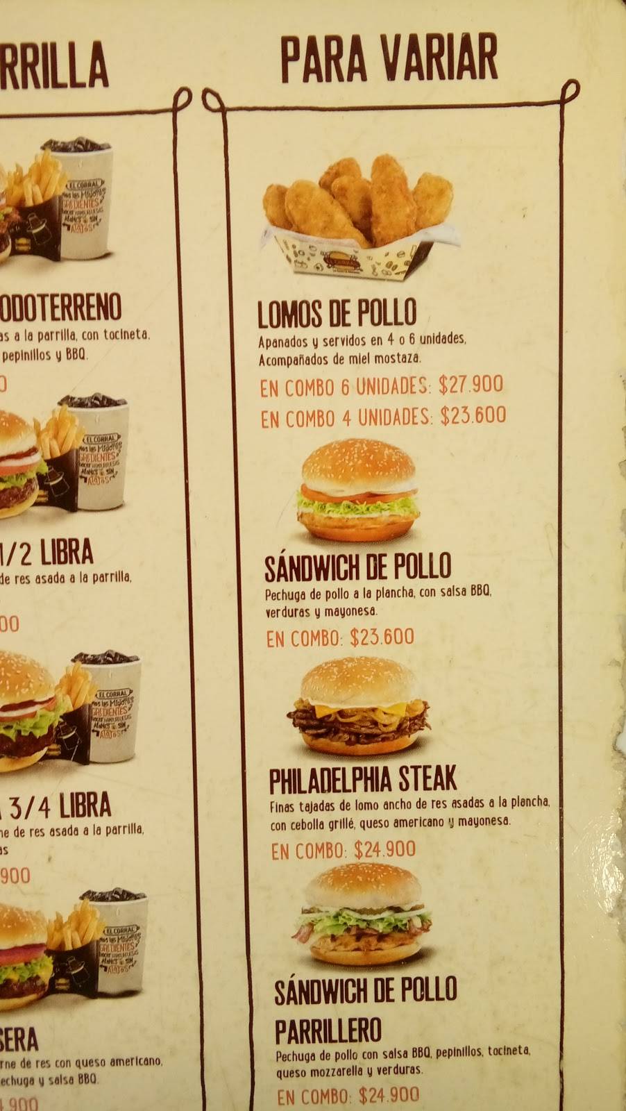 Carta del restaurante El Corral Viva Villavicencio, Villavicencio