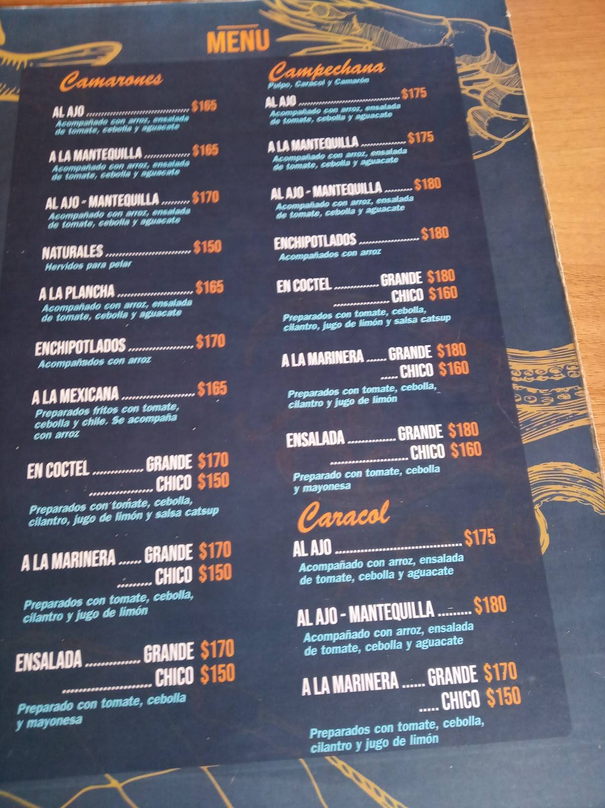 Carta del restaurante El Grillo Marinero, Crucecita