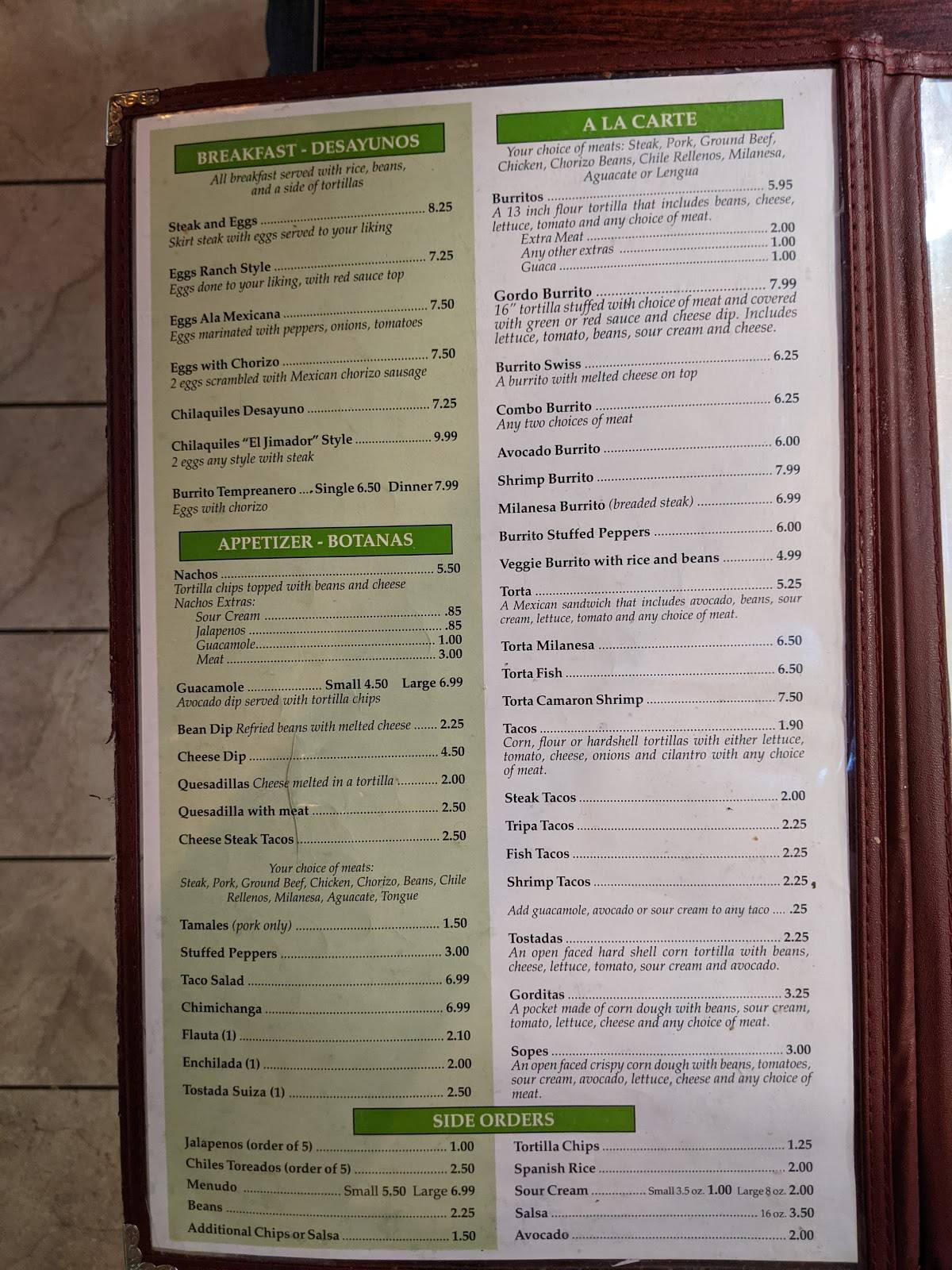 Menu at El Jimador Mexican Cuisine restaurant, Lakes of the Four Seasons