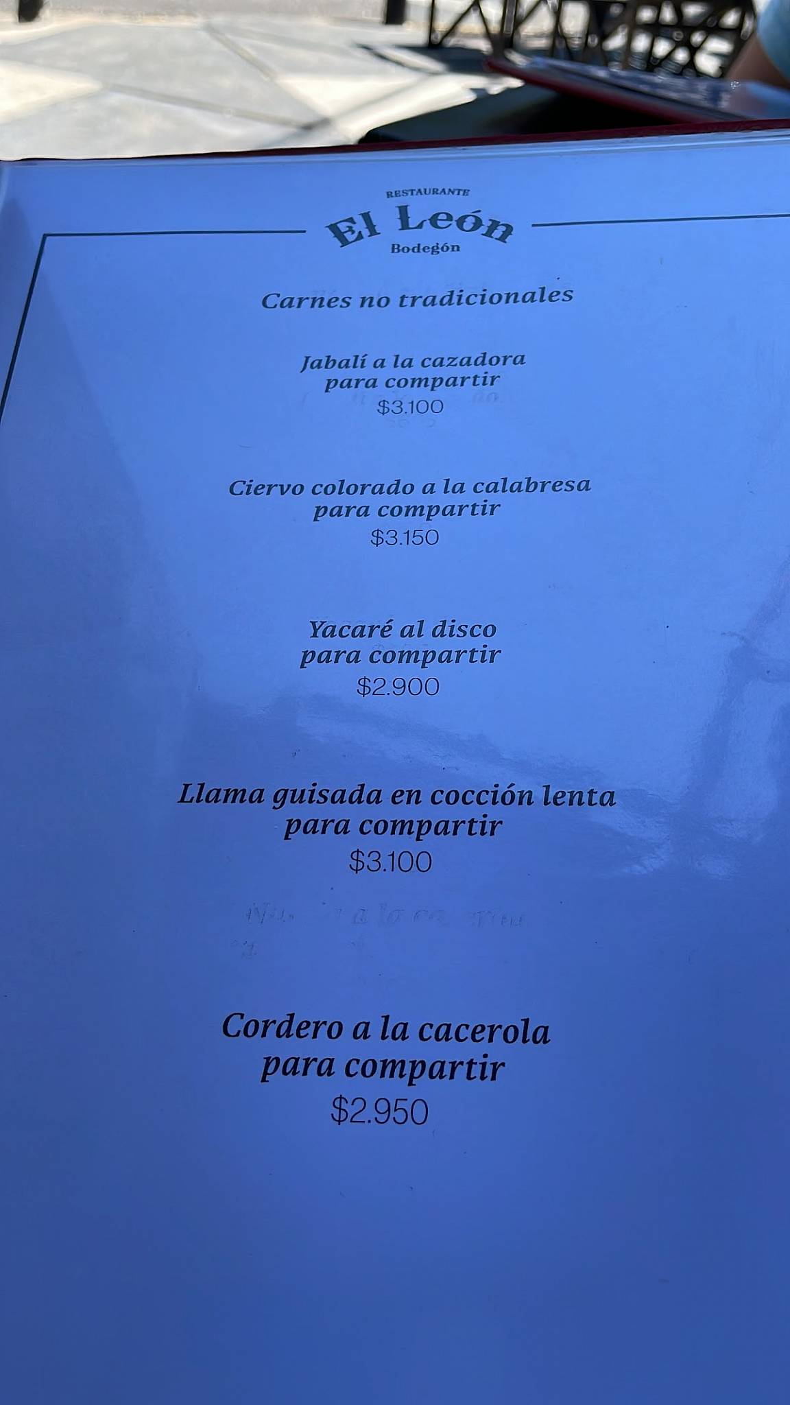 Carta del restaurante El León, Rosario, Leandro N. Alem 2291