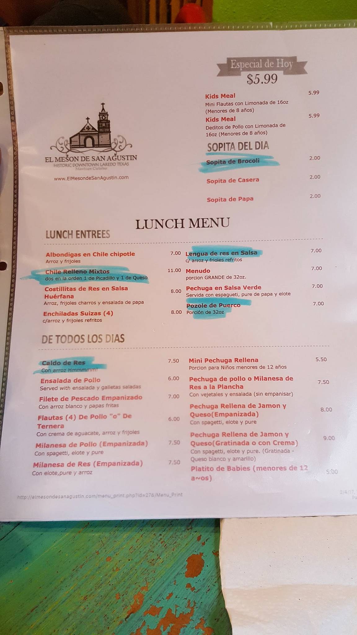 Menu at El Meson De San Agustin restaurant, Laredo