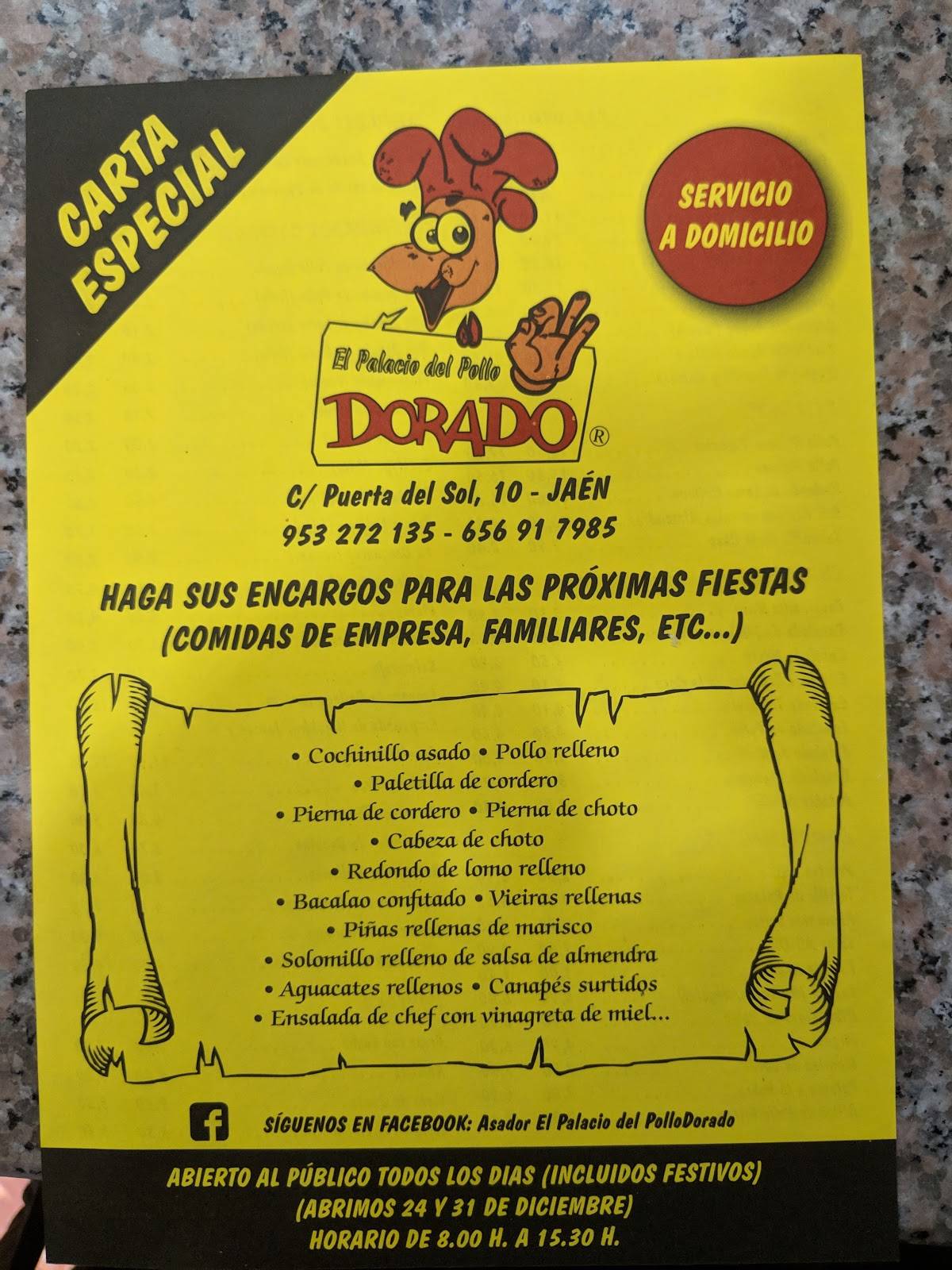 Carta del restaurante El Palacio del Pollo Dorado, Jaén