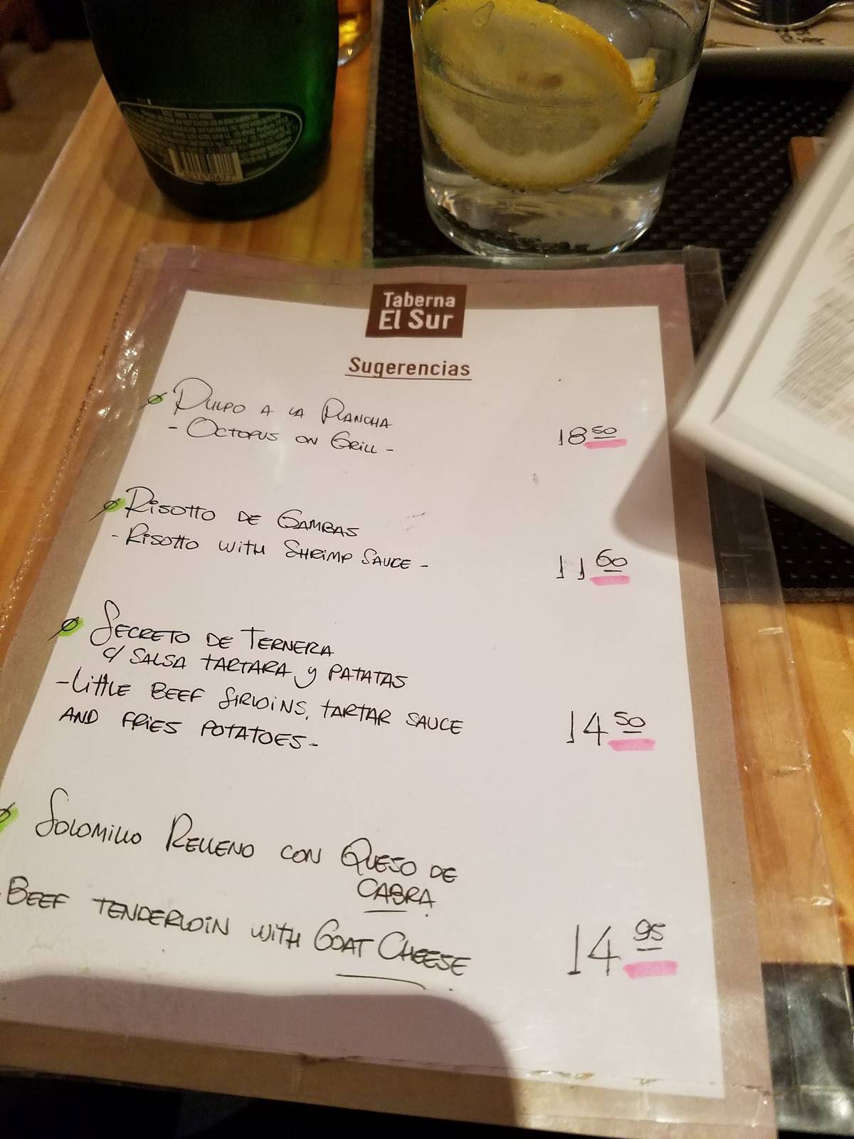 Menu at Taberna El Sur pub & bar, Madrid
