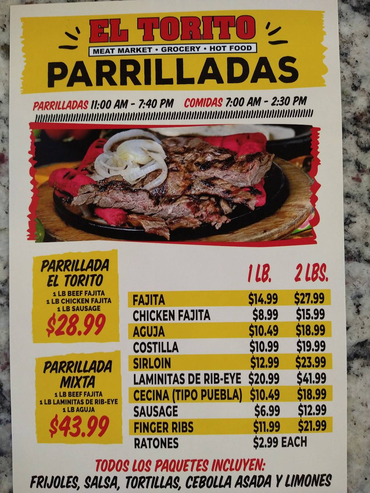 Carta del restaurante El Torito, McAllen