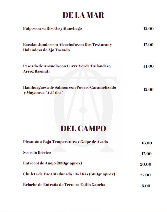 Carta del restaurante El Trasiego del la Luz, Málaga