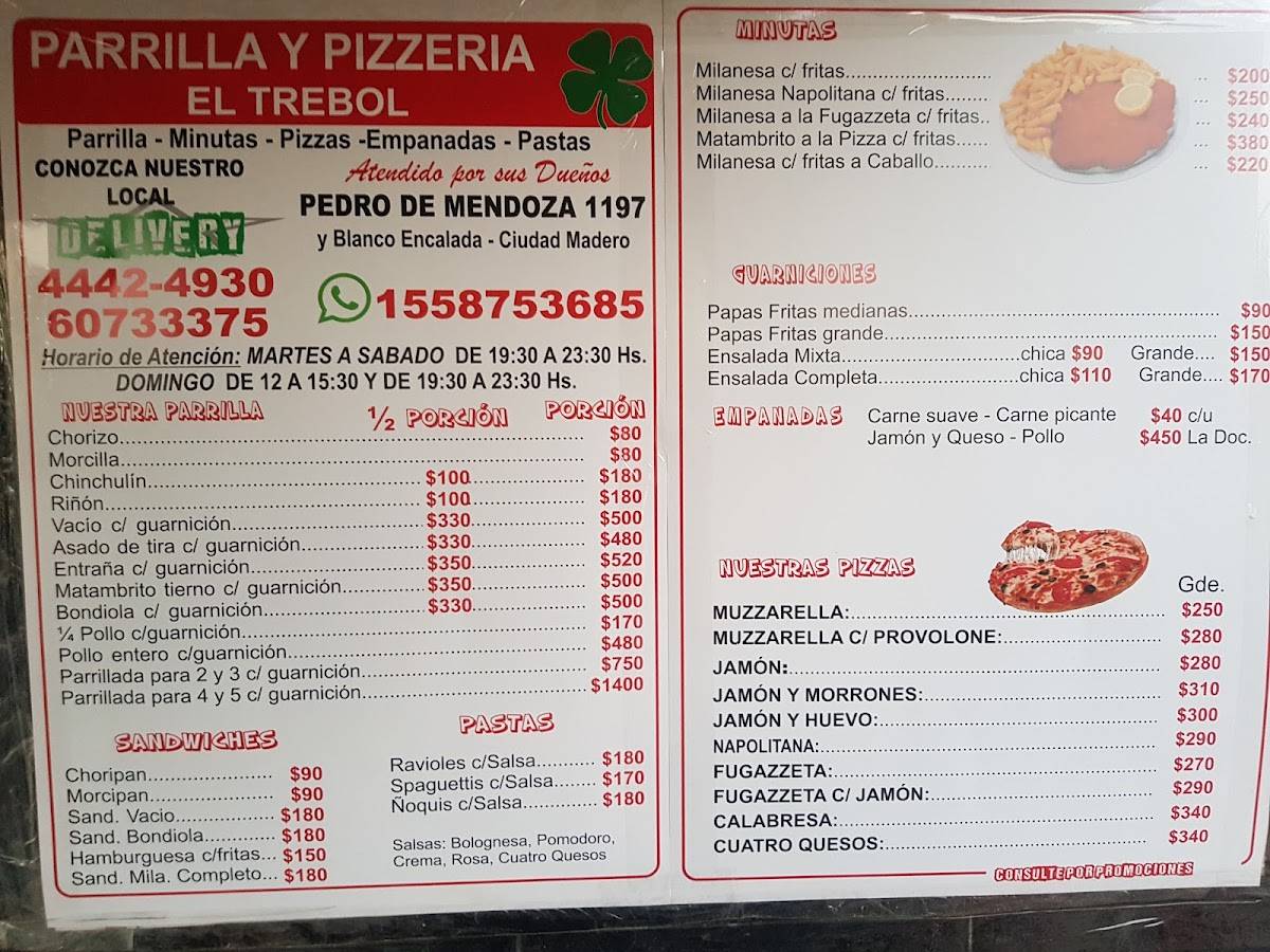 Carta de El Trébol Parrilla, Villa Madero