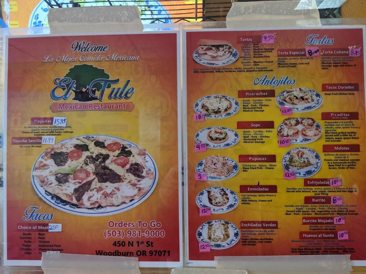 Menu at El Tule Taqueria restaurant, Woodburn