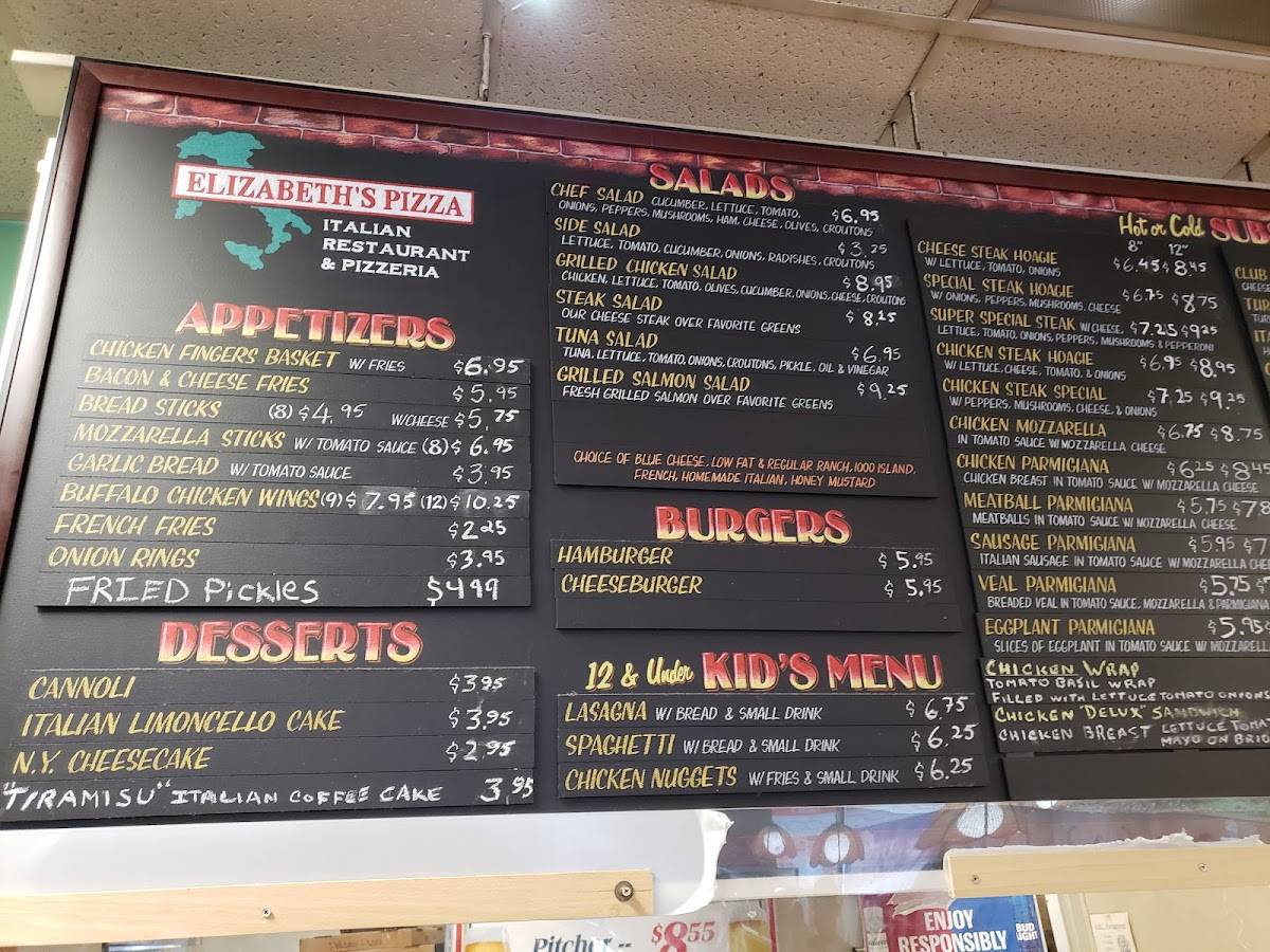 Menu at Elizabeth's Pizza pizzeria, Collinsville, Virginia Ave