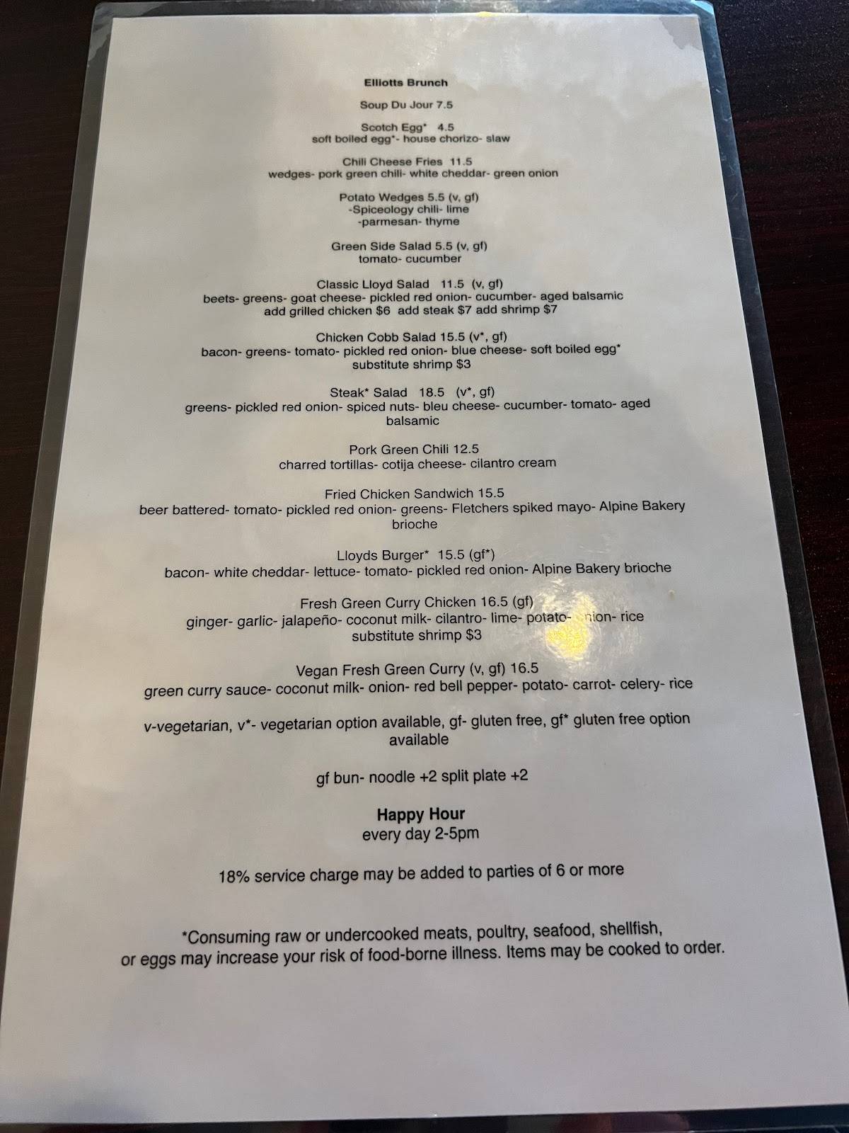 Menu at Elliotts an urban kitchen restaurant, Spokane