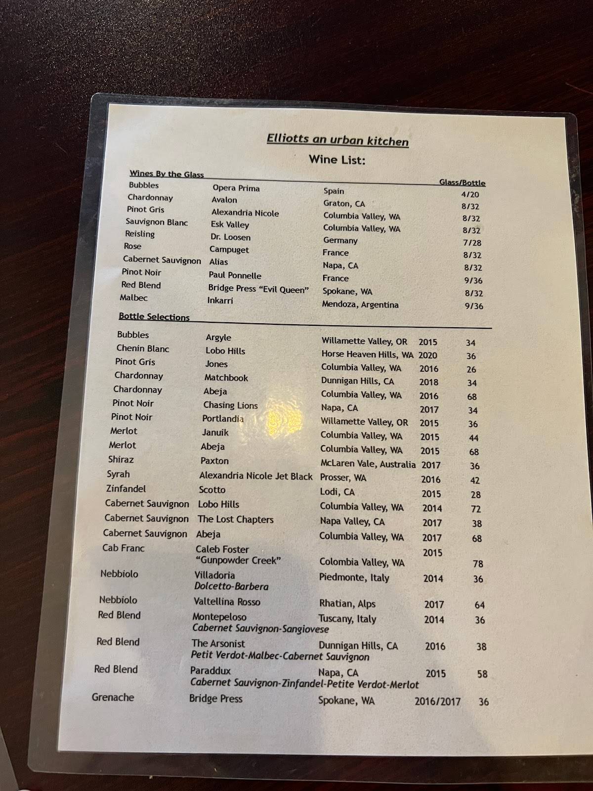 Menu at Elliotts an urban kitchen restaurant, Spokane