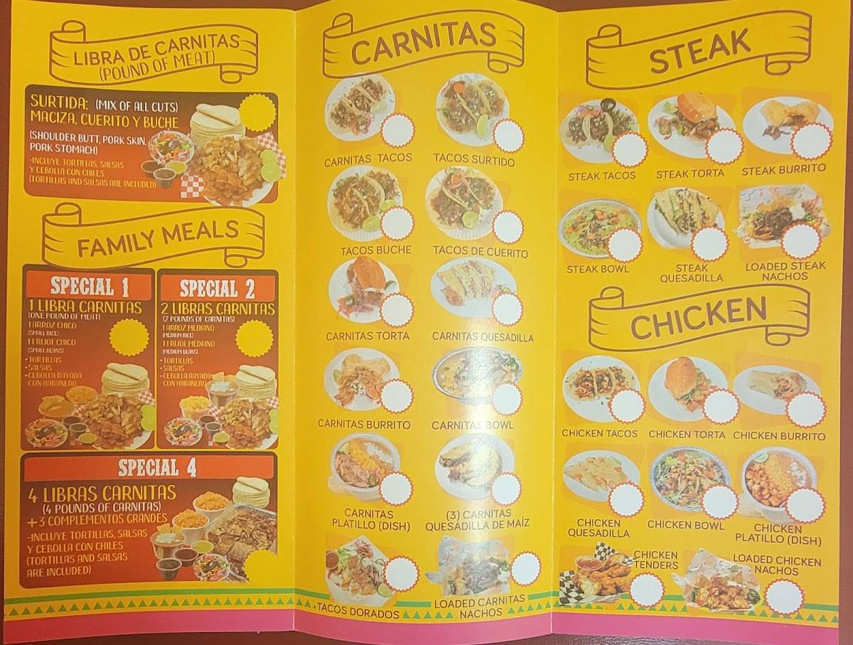 Menu at Emiliano's Carnitas restaurant, Norristown