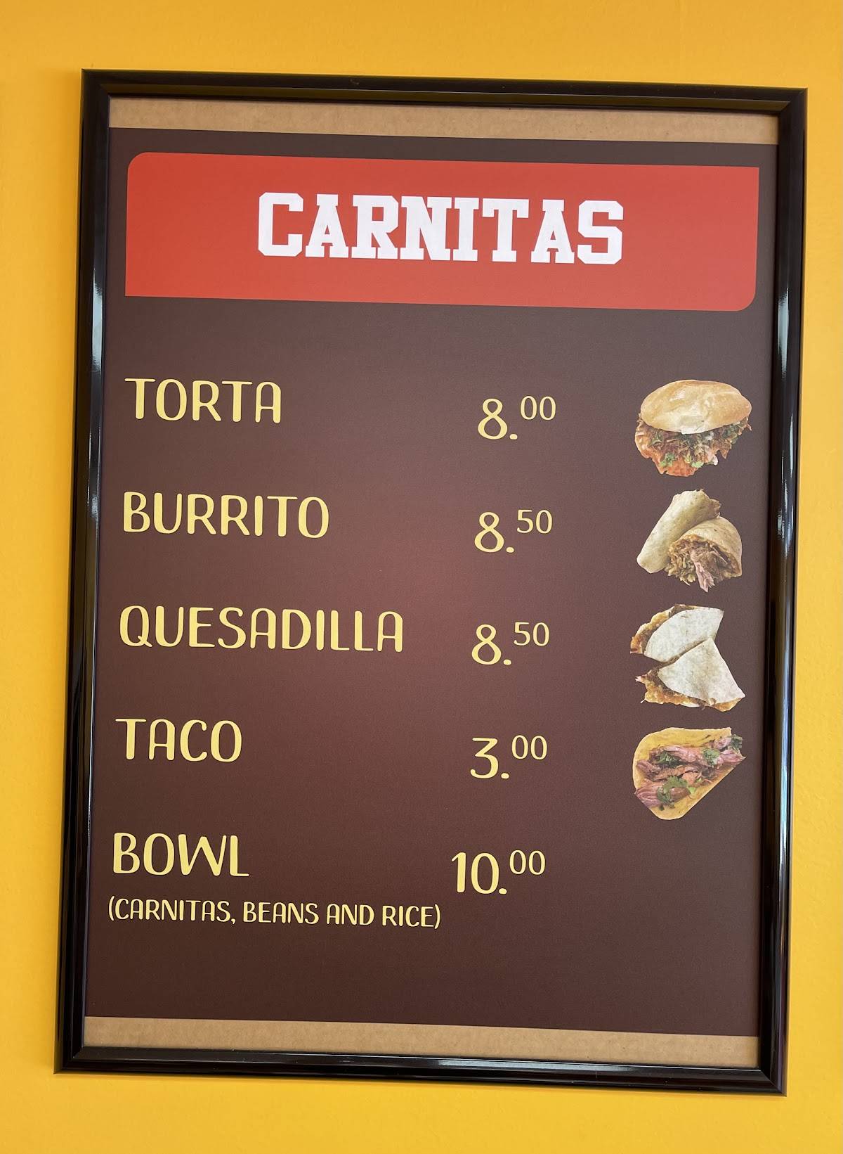 Menu at Emiliano's Carnitas restaurant, Norristown
