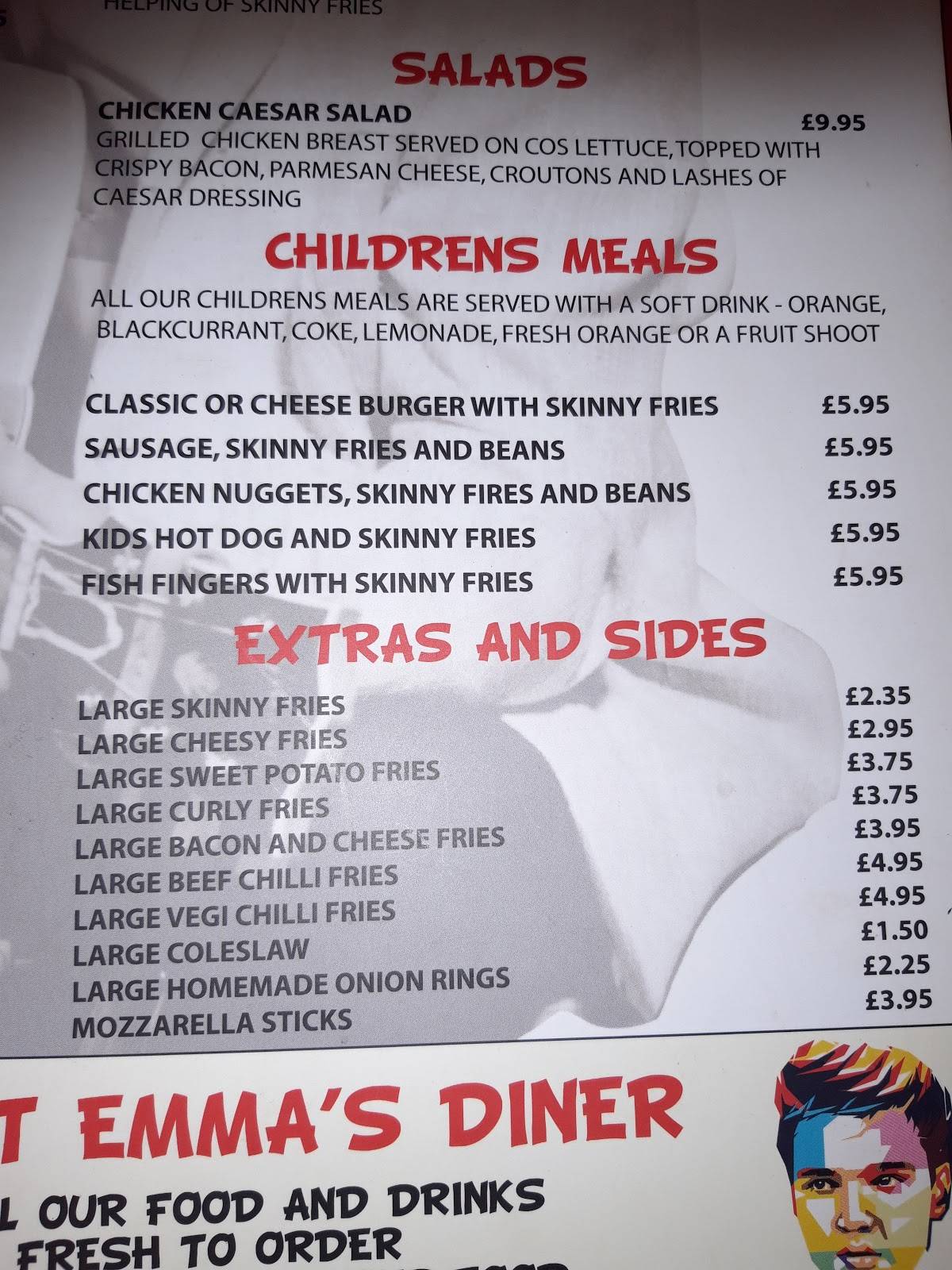Menu at Emma's Diner cafe, Whitby