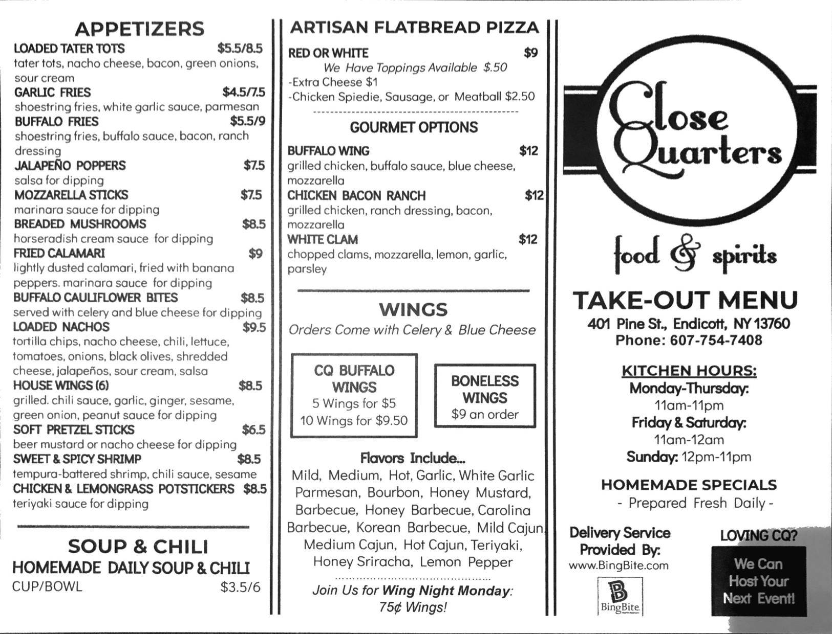 Menu at Close Quarters pub & bar, Endicott