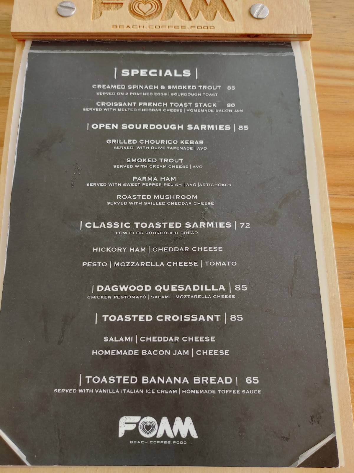Menu at FOAM Coffee cafe, Umdloti