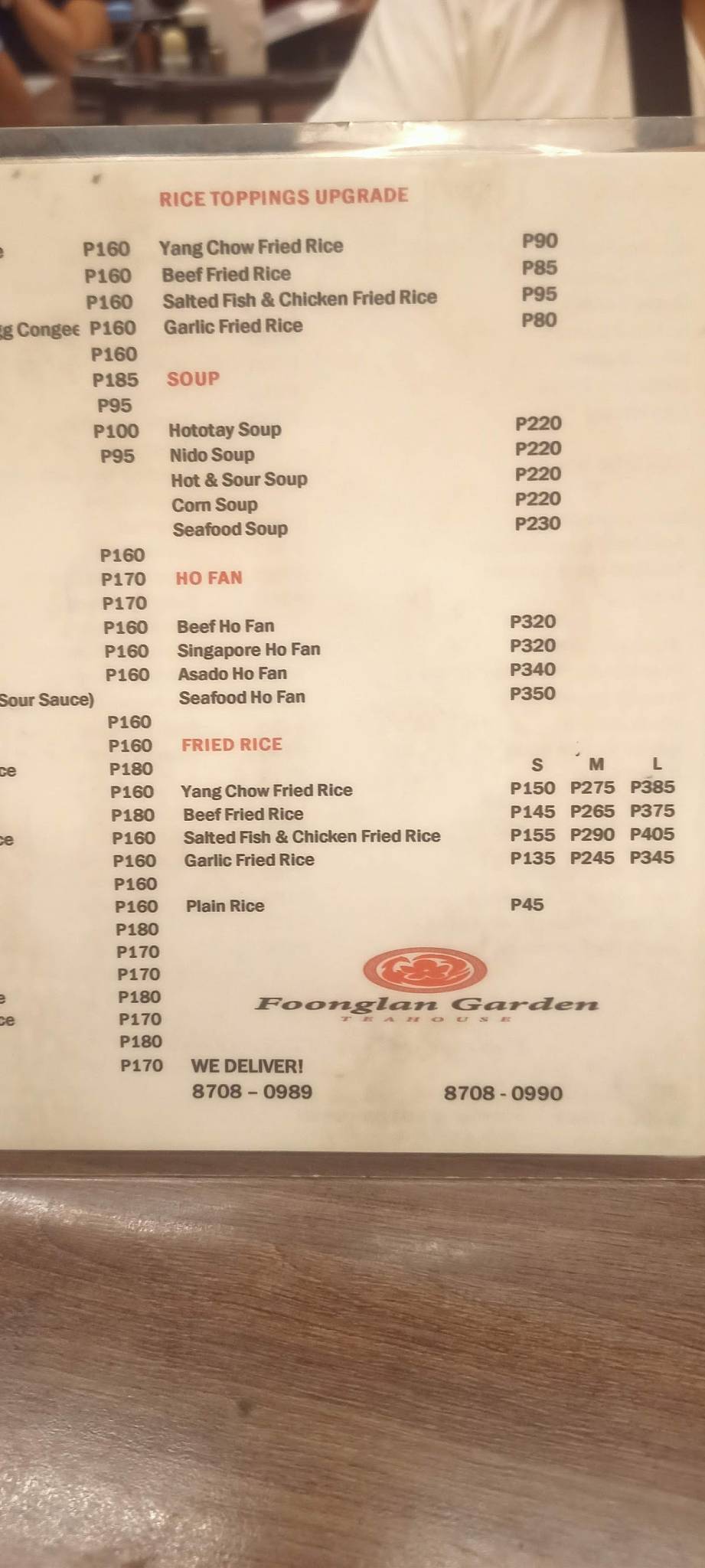 Menu at FOONG LAN GARDEN restaurant, Philippines